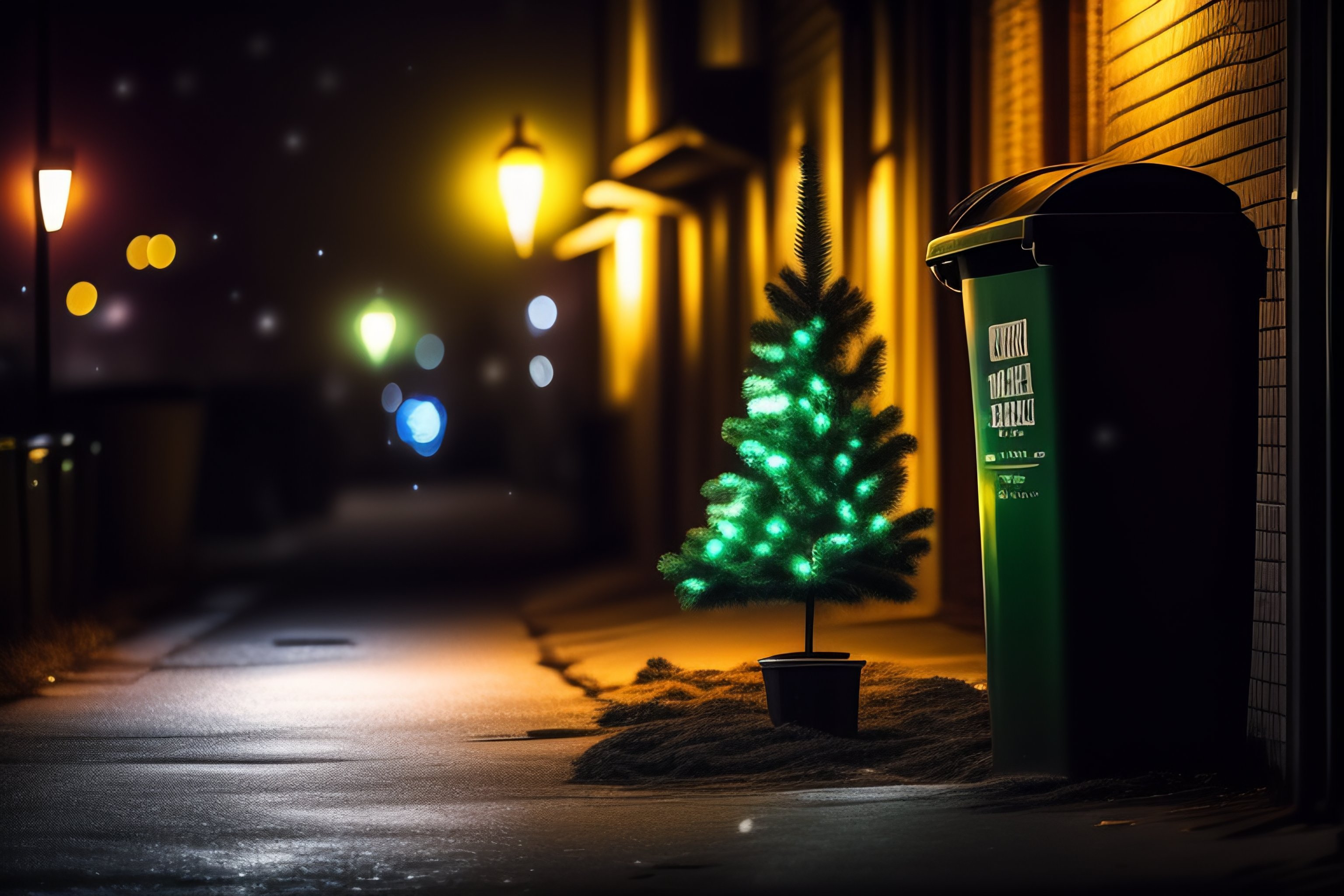 Lexica - Lonely christmas tree in a dark alley between many garbage bins
