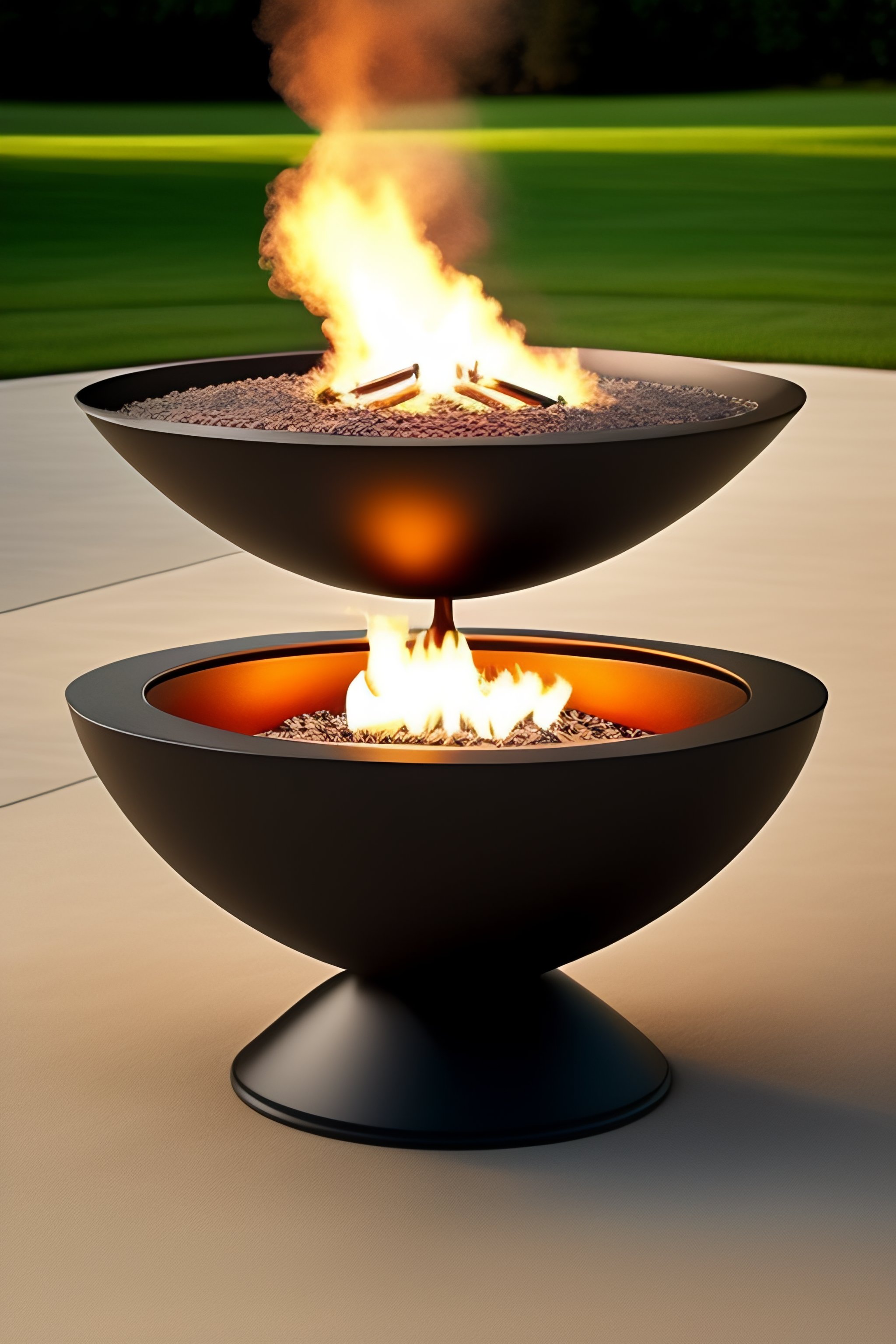 Lexica - Create an image of a large, metal fire bowl that is supported ...