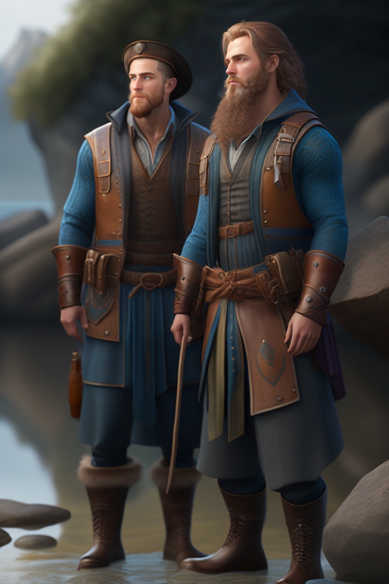 Lexica - 2 fishermen standing , full body, medieval rags, barefoot ...