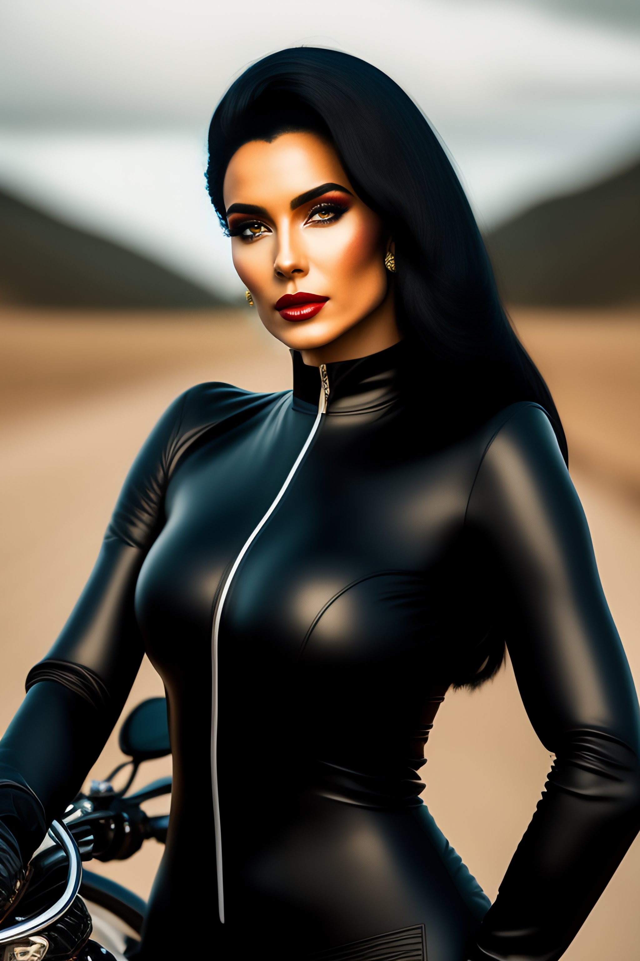 Lexica - Portrait of a woman with black hair, in latex suit, front of a bike