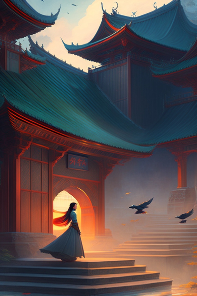 Lexica - Vertical film frame, traditional chinese heroine Mulan, crows ...
