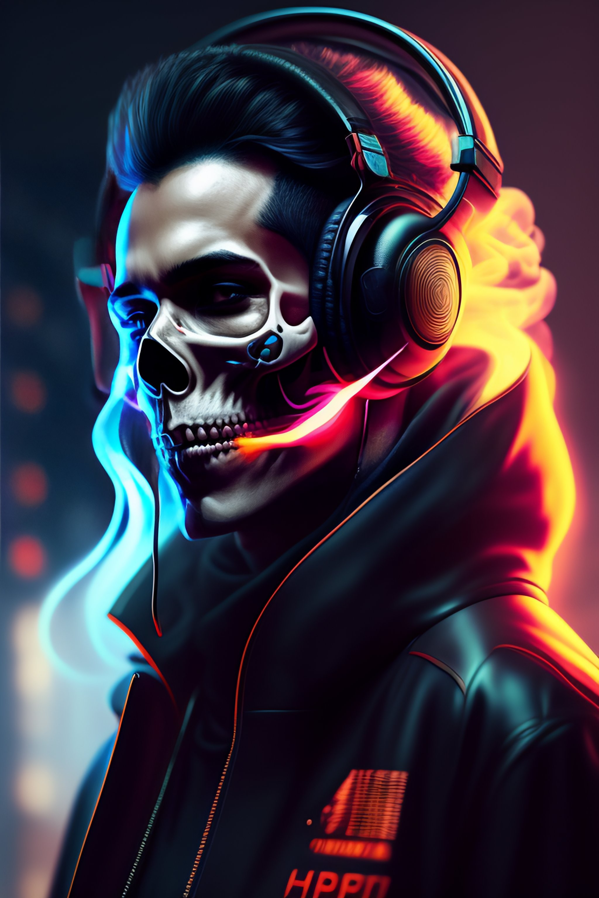 Lexica - Action shot portrait Neo punk skeleton with headphones, smoke ...