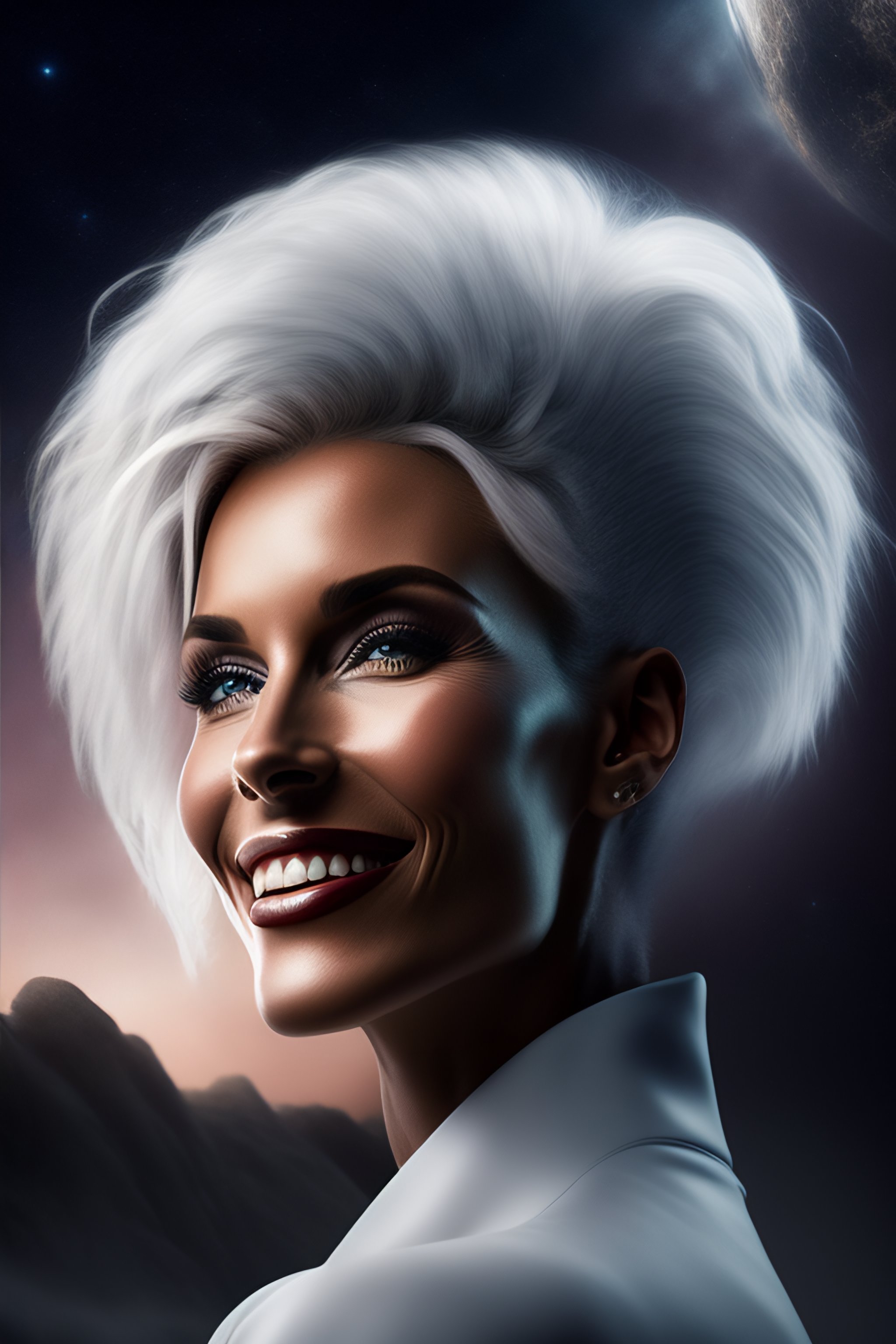 Lexica - Tall grey alien, mop hair, sharp white teeth