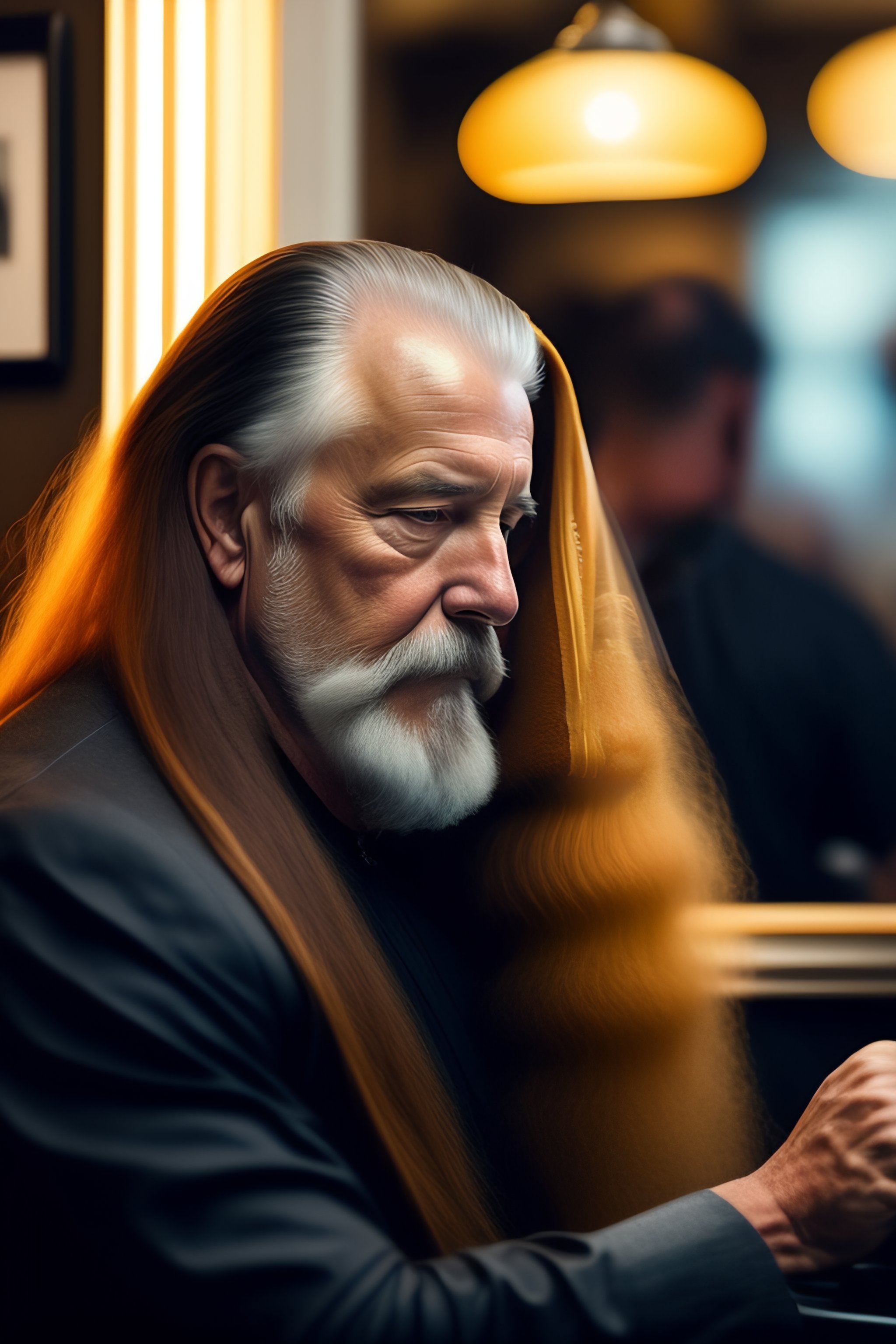 Lexica - Long-haired sad old man gets a haircut, short haircut, sit in ...