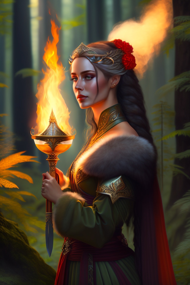 Lexica - Elven woman in a ritual in the forest, with fire and a sword