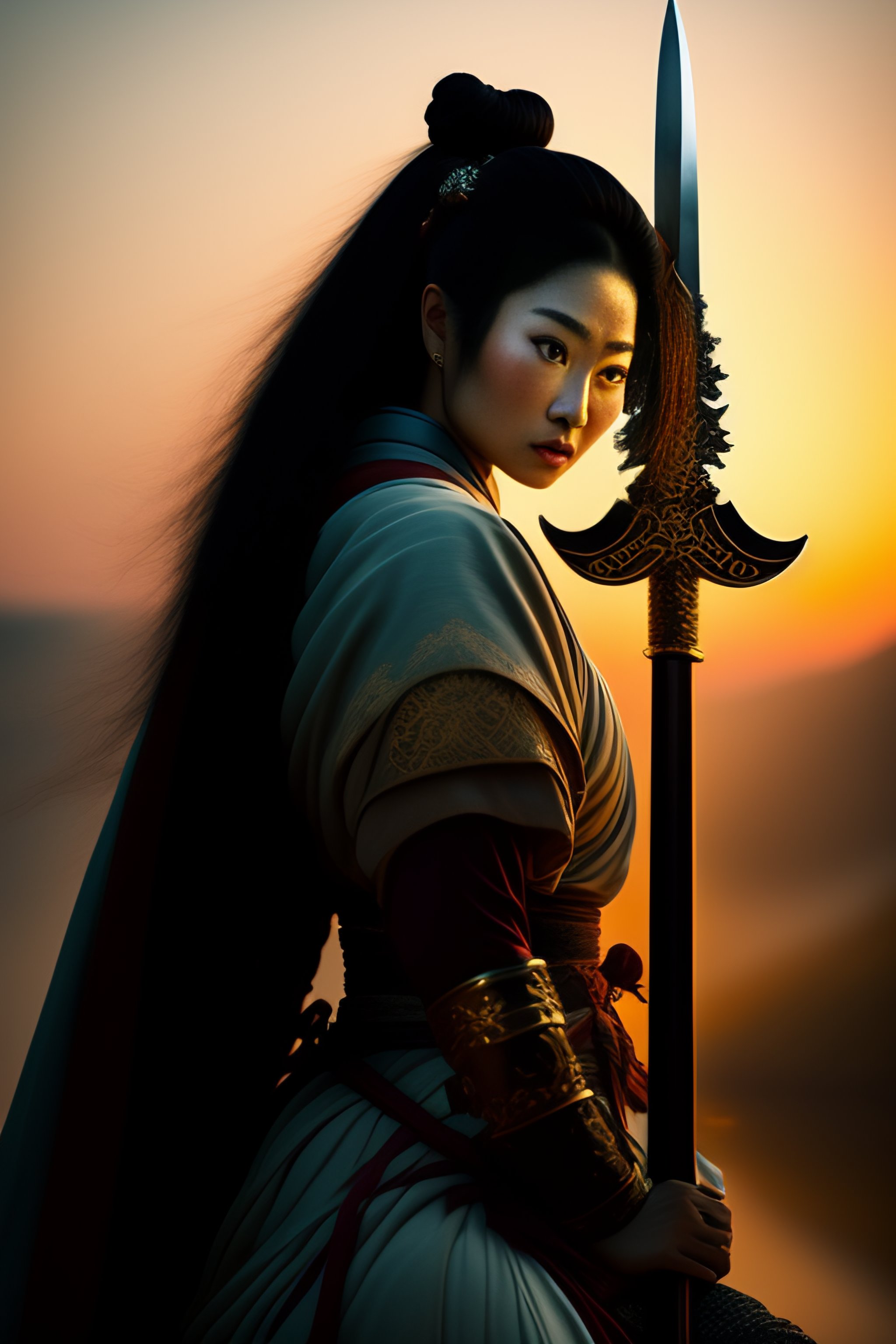 Lexica - Asian samurai woman with sword sitting in the moonlight