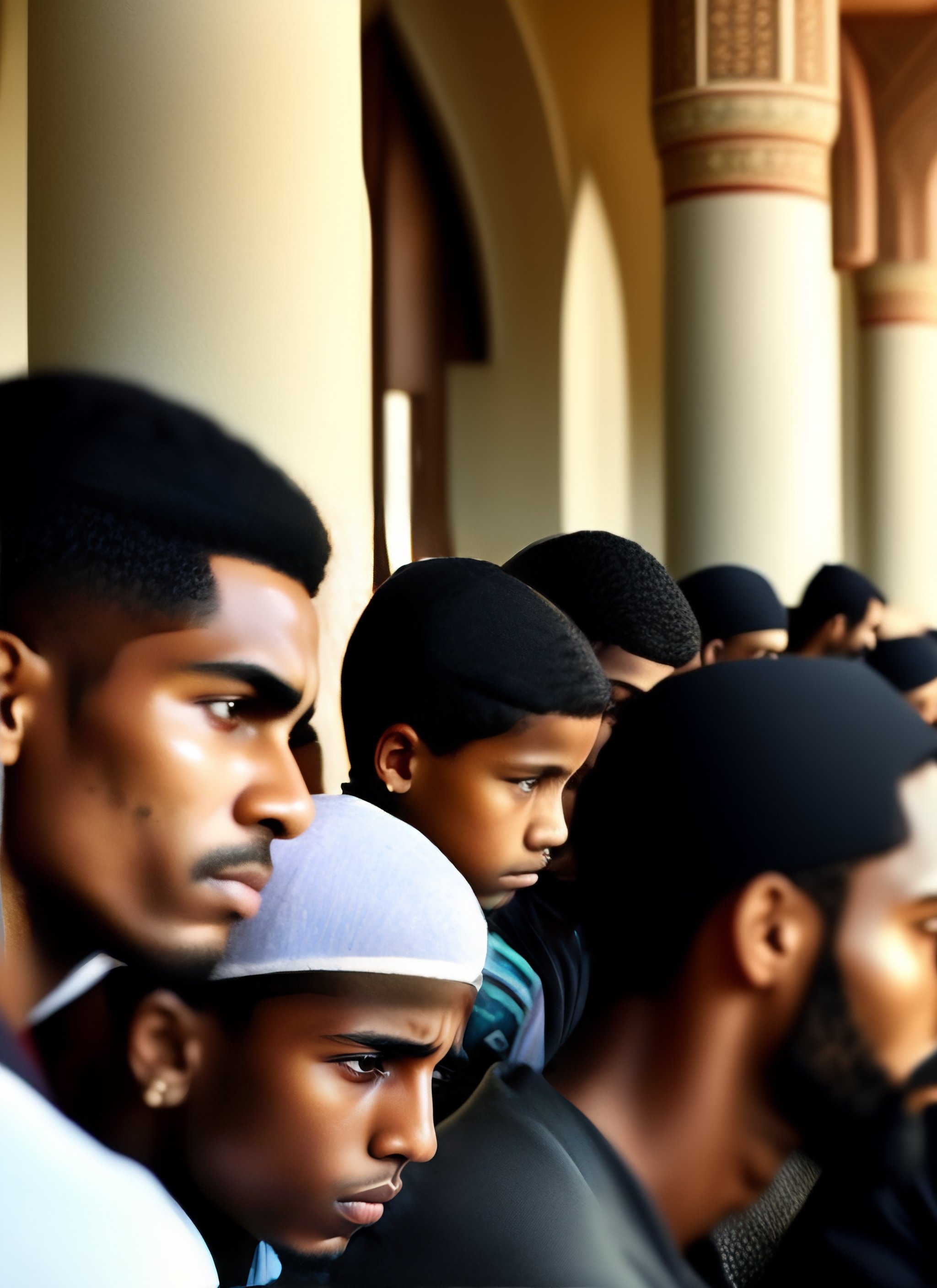 Lexica - Muslim young men with short hair in mosque poor looking unhappy