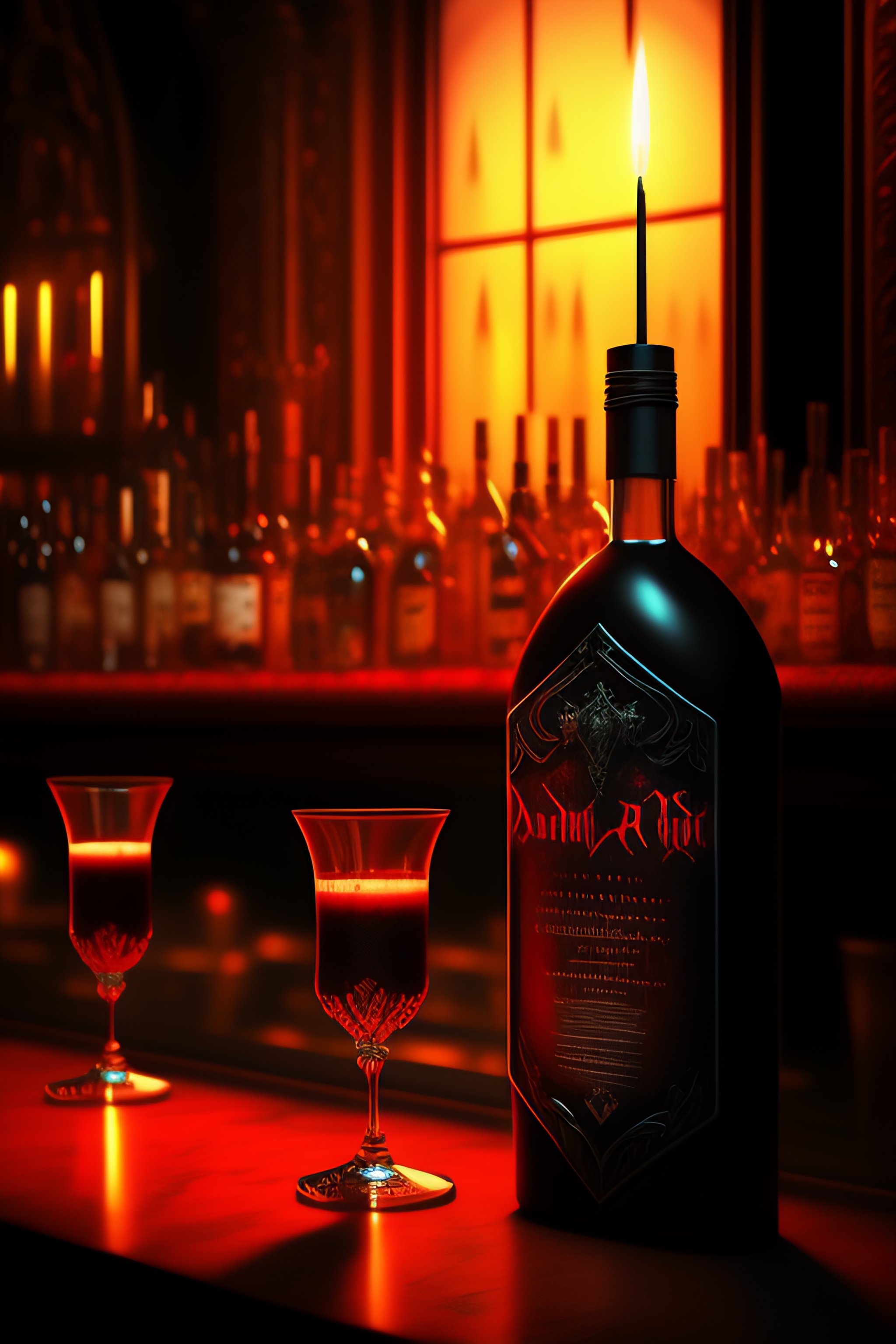 Lexica - A vampire bar, blood-bottles, bloody drinks, cinematic style ...