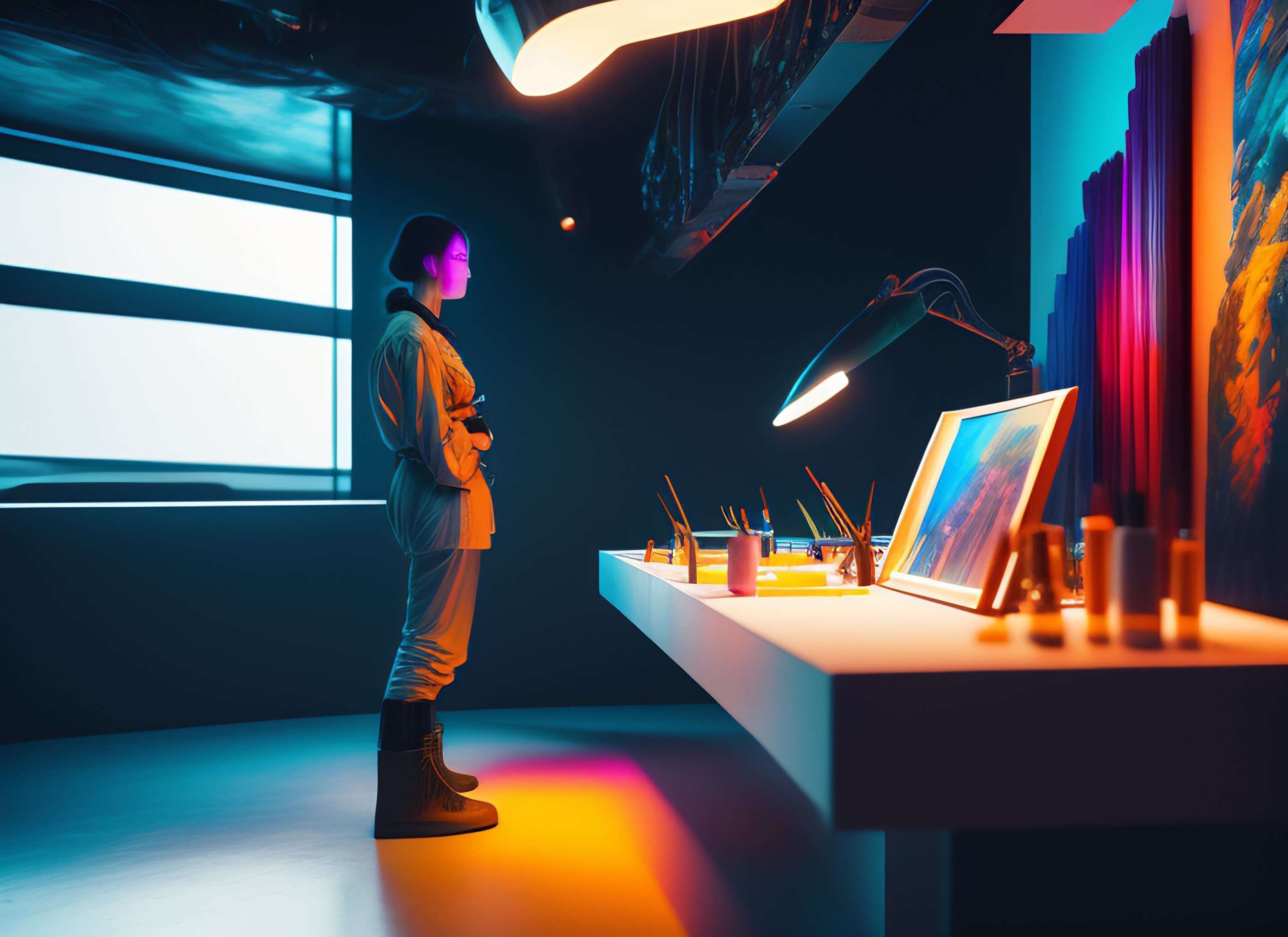 Lexica - Photo of futuristic cyborg robot painter as artist creating a ...