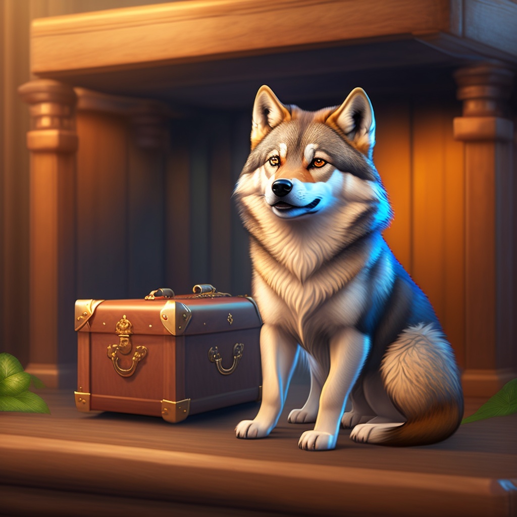 Lexica - Cute wolf cub monster guarding treasure chest, medieval background