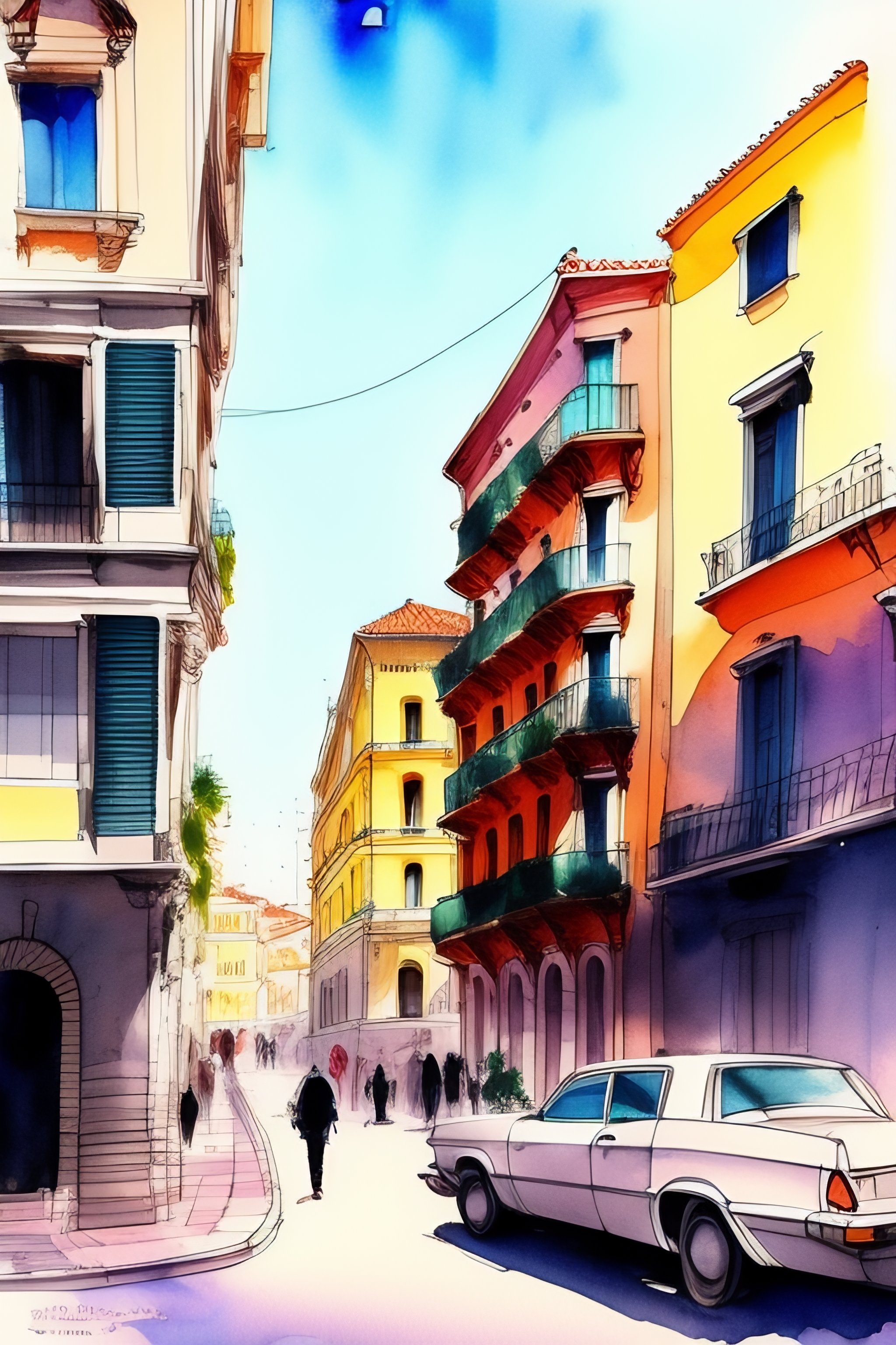 Lexica - A loose ink sketching with watercolors of a modern Athens ...