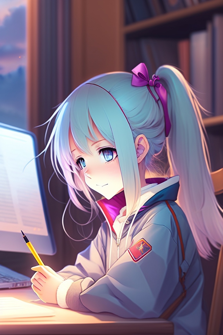 Lexica - Girl, anime, pajamas, homework, night, white hair, cute