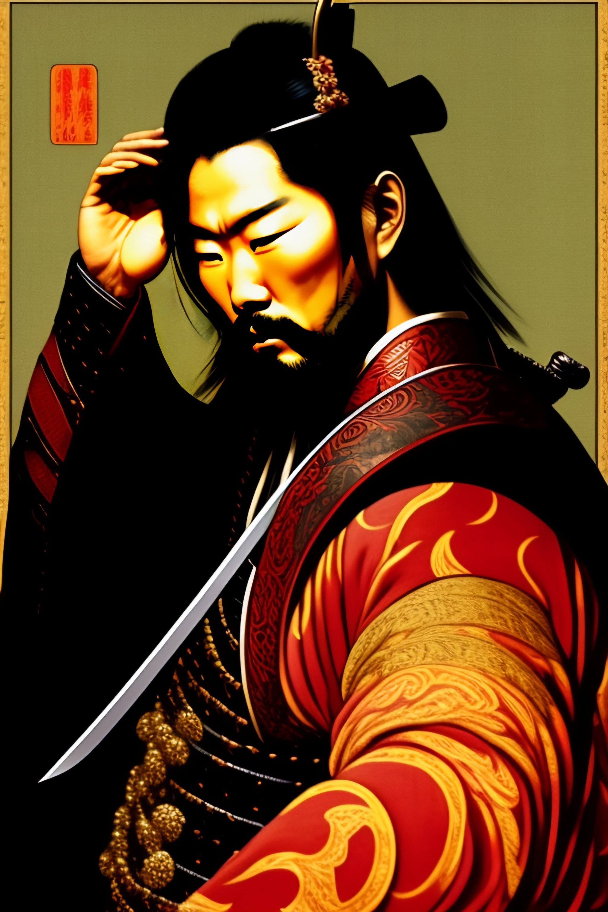 Lexica - The fallen samurai holds his katana which is bloody in ukiyo-e ...