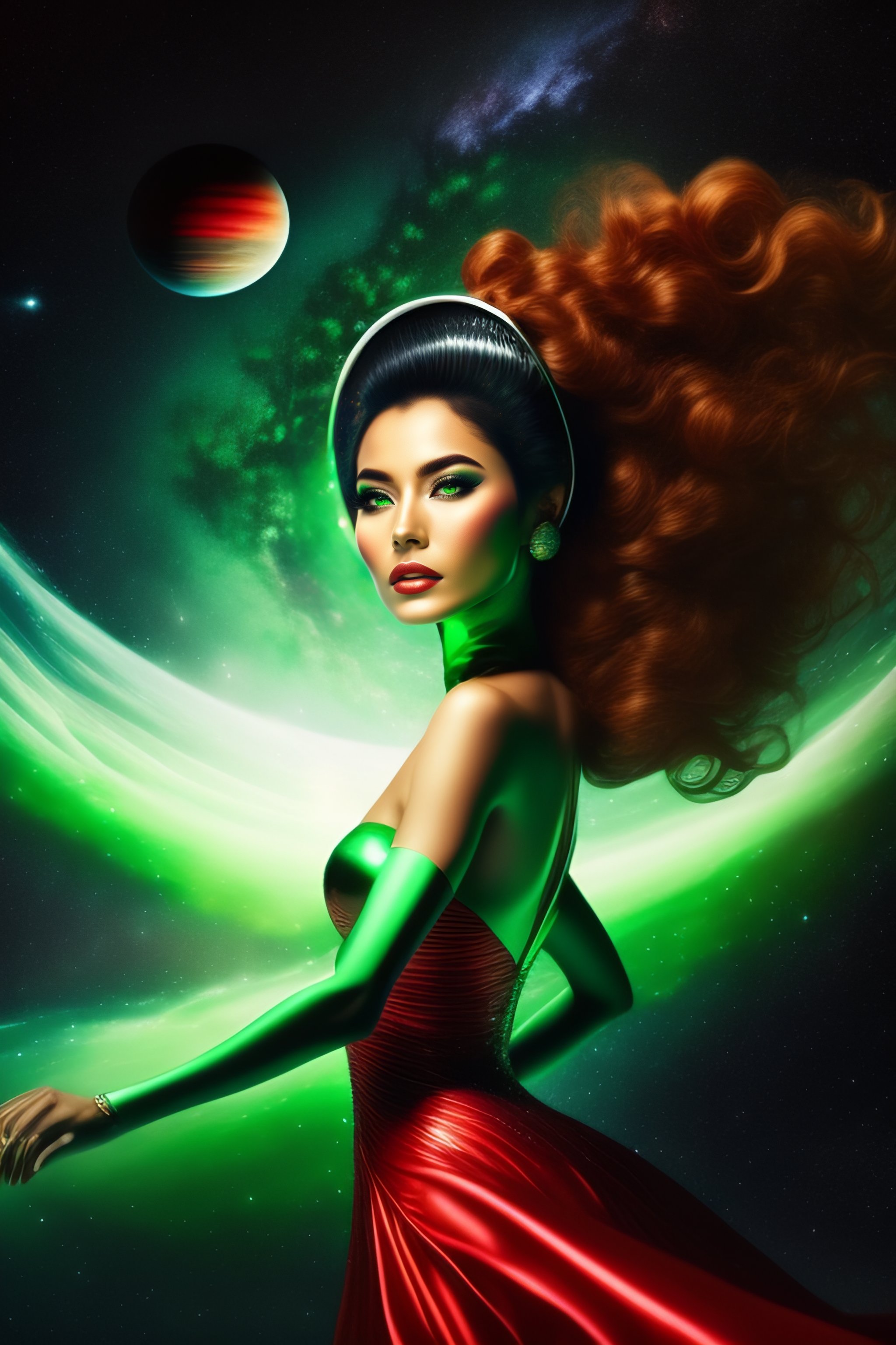 Lexica - A total shot of a beautiful green alien spacegirl with white ...
