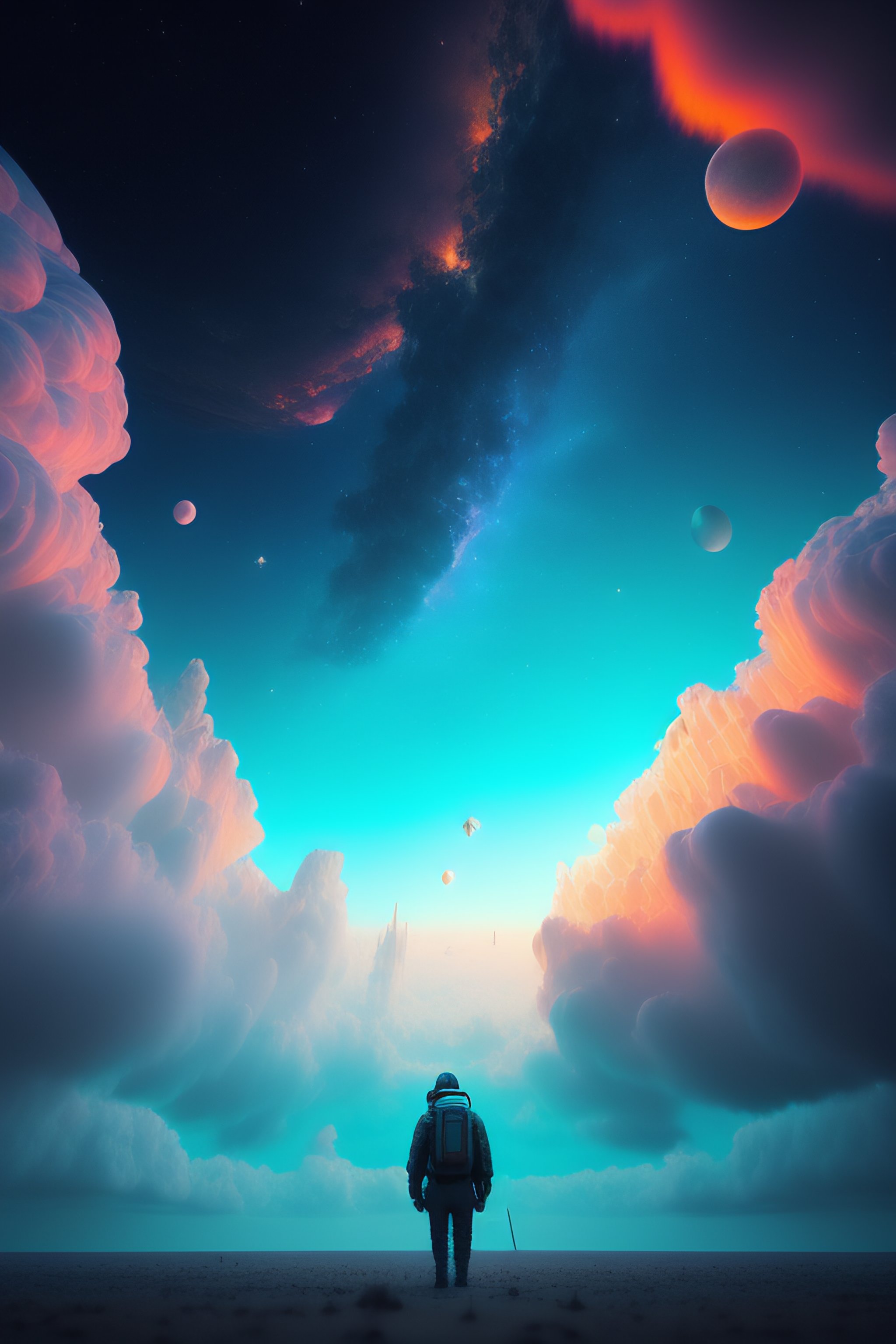 Lexica - Space cloudscape, lone astronaut falling in jupiter clouds ...