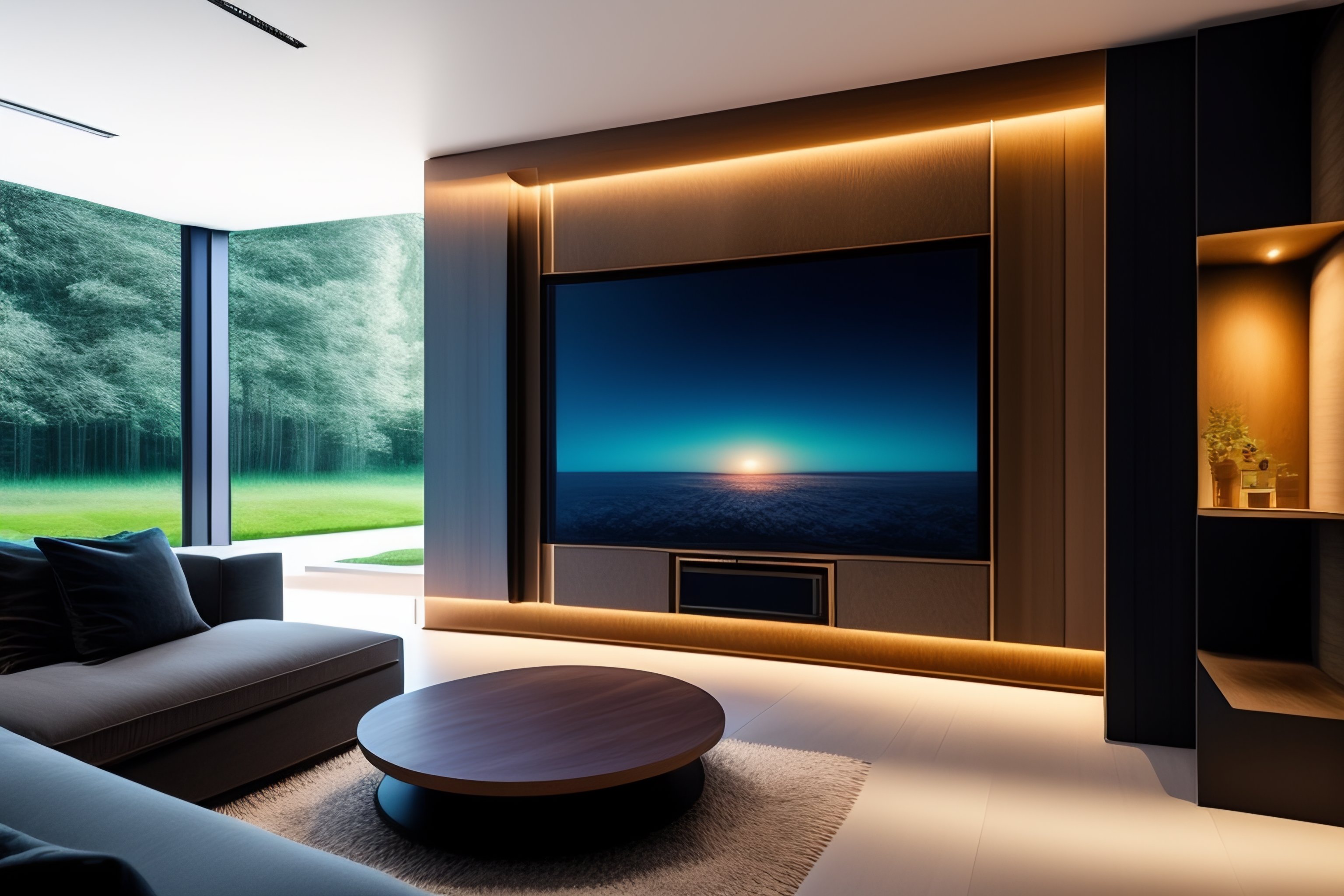 Lexica - A big screen hanging from the ceiling of a design living room