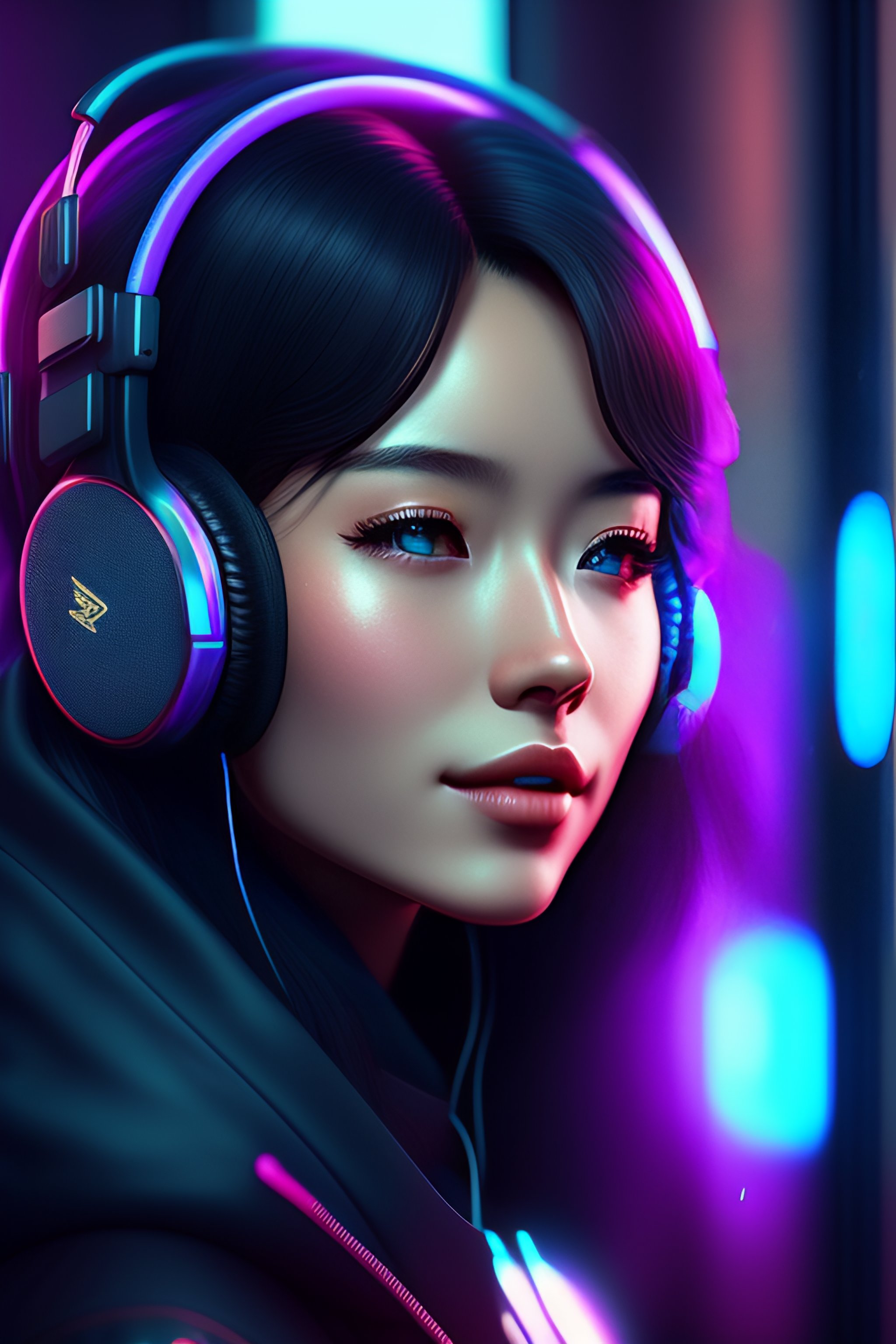 Lexica - A lofi girl with headphones is looking at a rainy window in ...