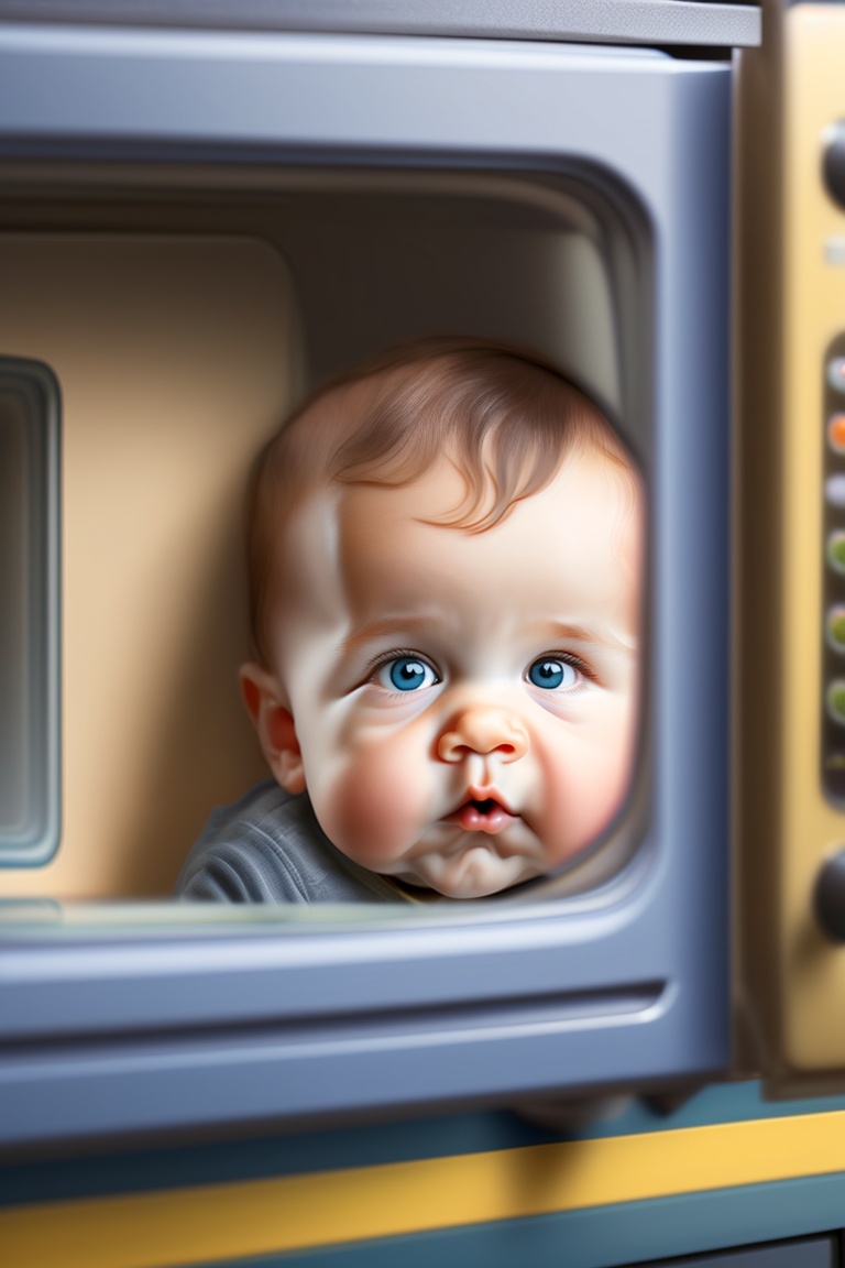 Lexica - Baby boy in front of a microwave, looking at the camera
