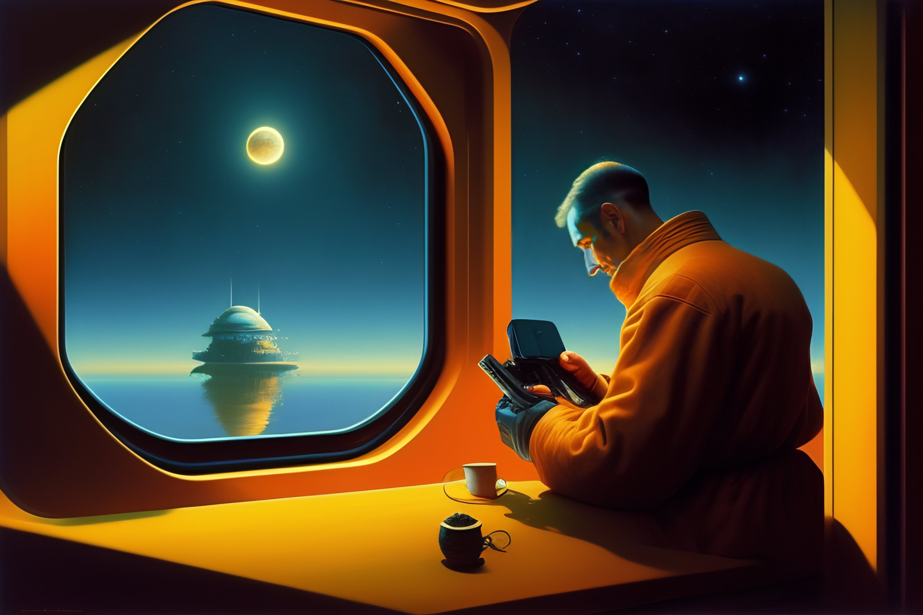 Lexica - A man using a cell phone in a space station, science fiction ...