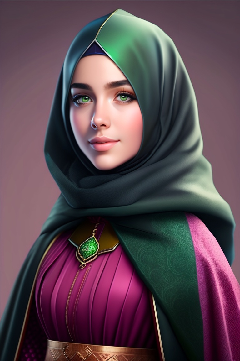 Lexica - Cute hijab girl wearing medieval mage clothing،Green eyes, pink dress
