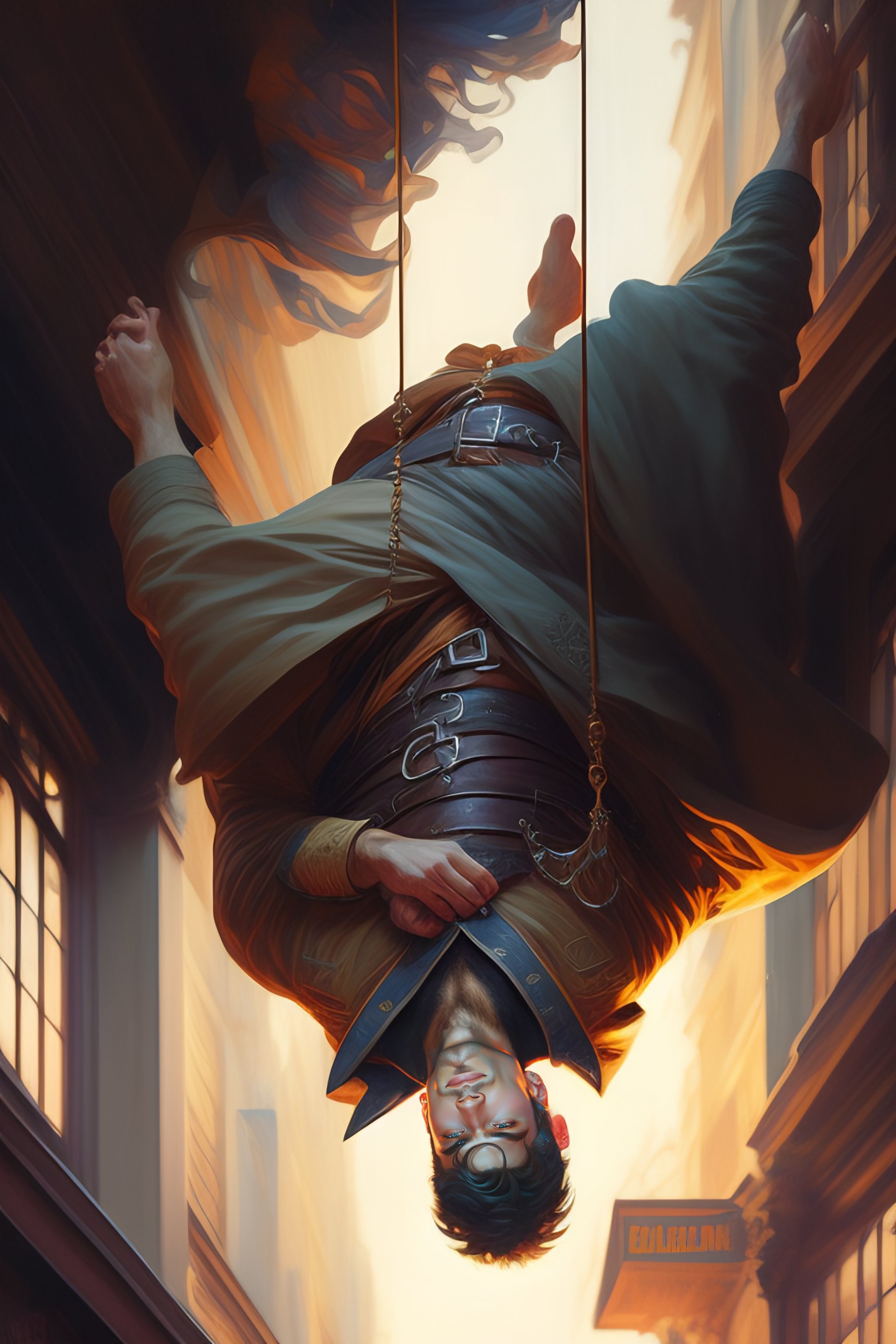 Lexica - A man hanging upside-down from the roof painted by tsuyoshi nagano, greg rutkowski ...