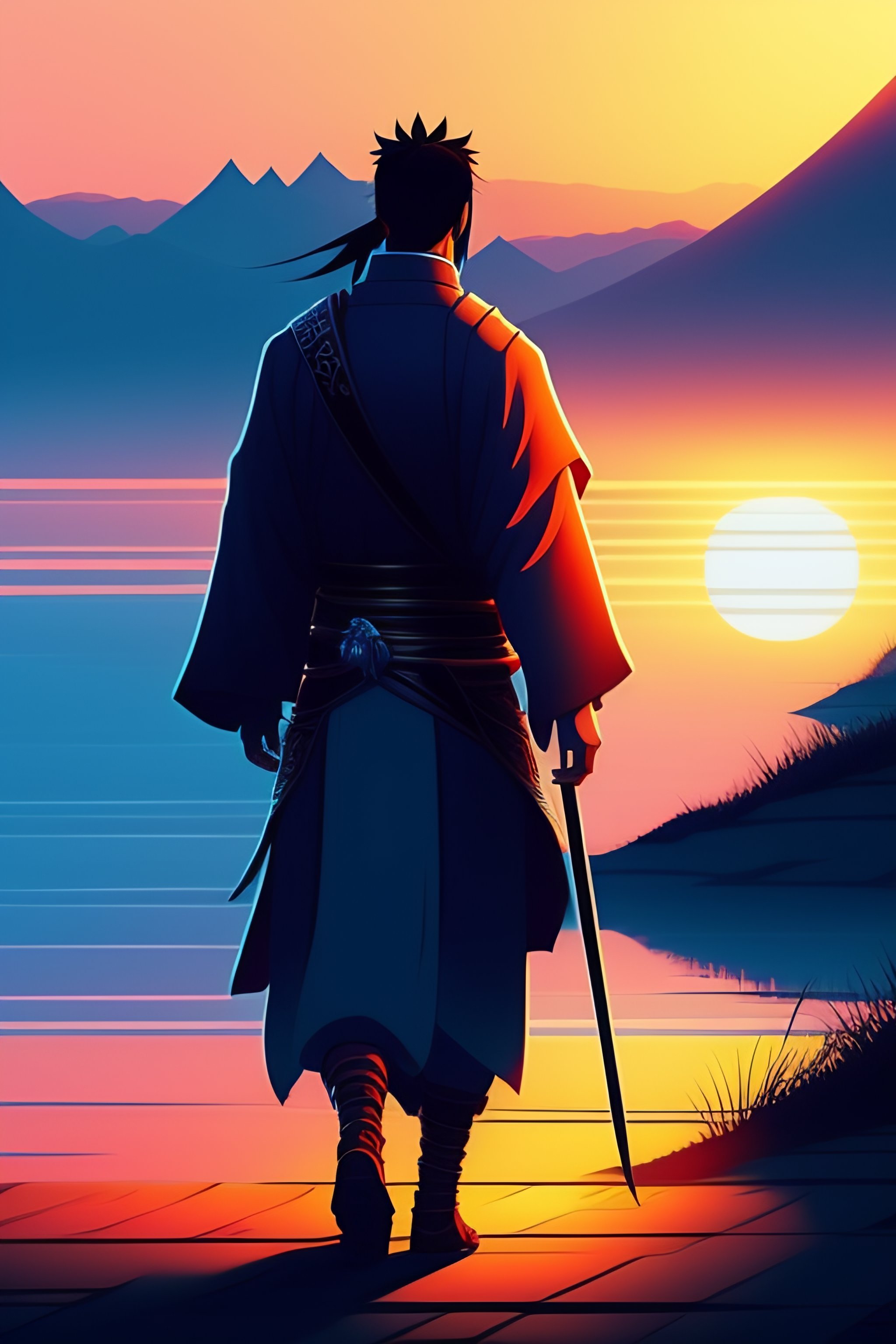 Lexica - Samurai walking towards sunset, cartoon style, blue background ...