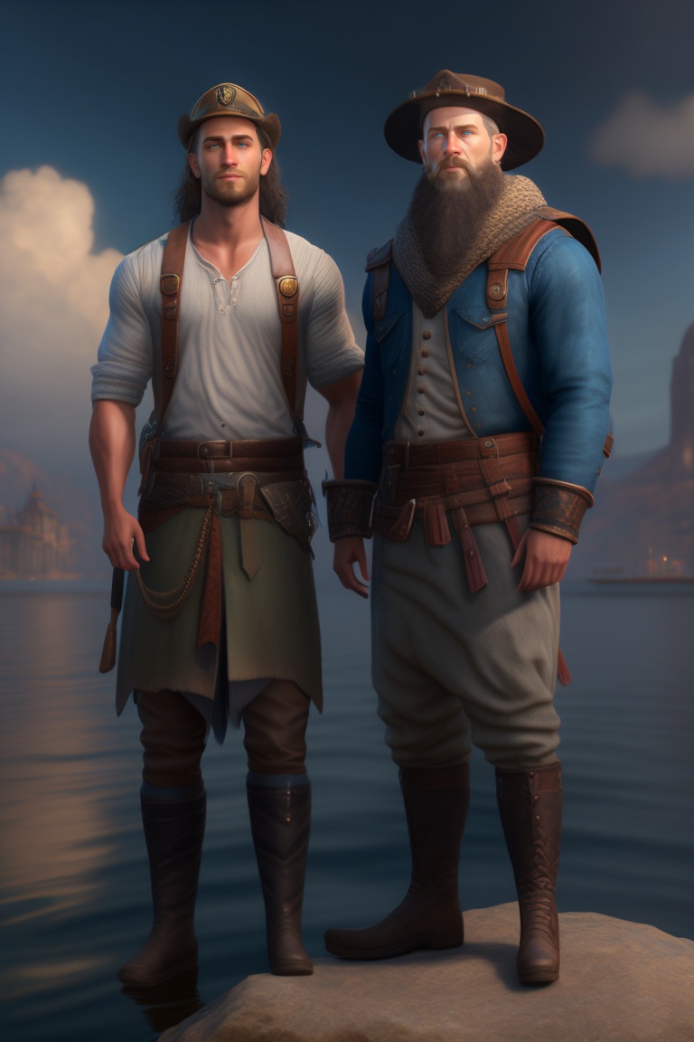 Lexica - 2 fishermen standing , full body, medieval rags, barefoot ...