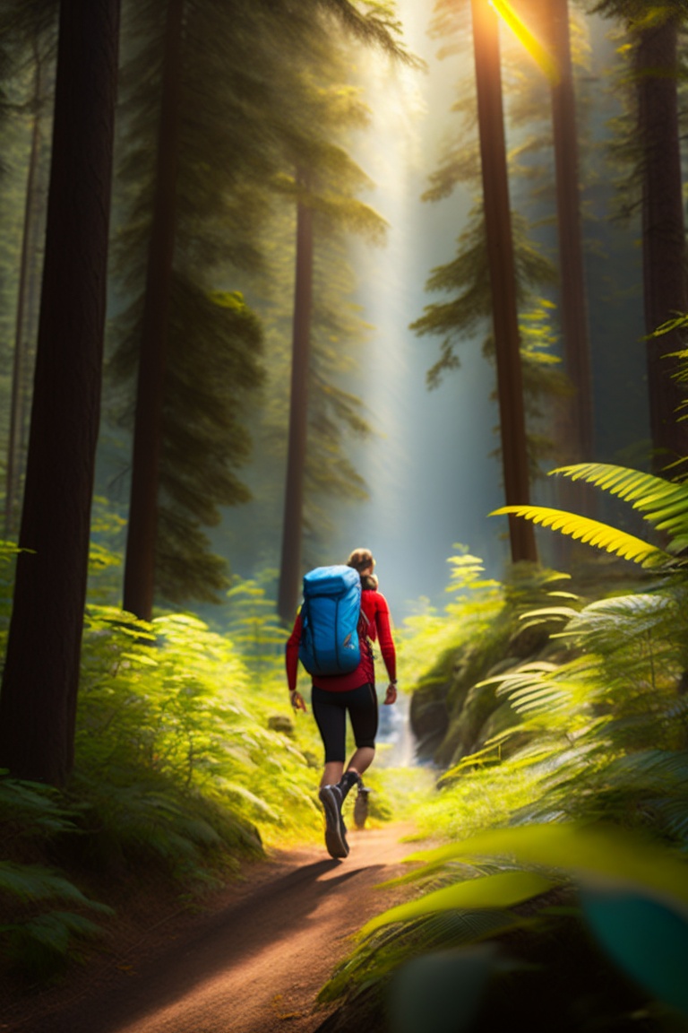 Lexica - A hiker trekking through a dense forest, with rays of sunlight ...