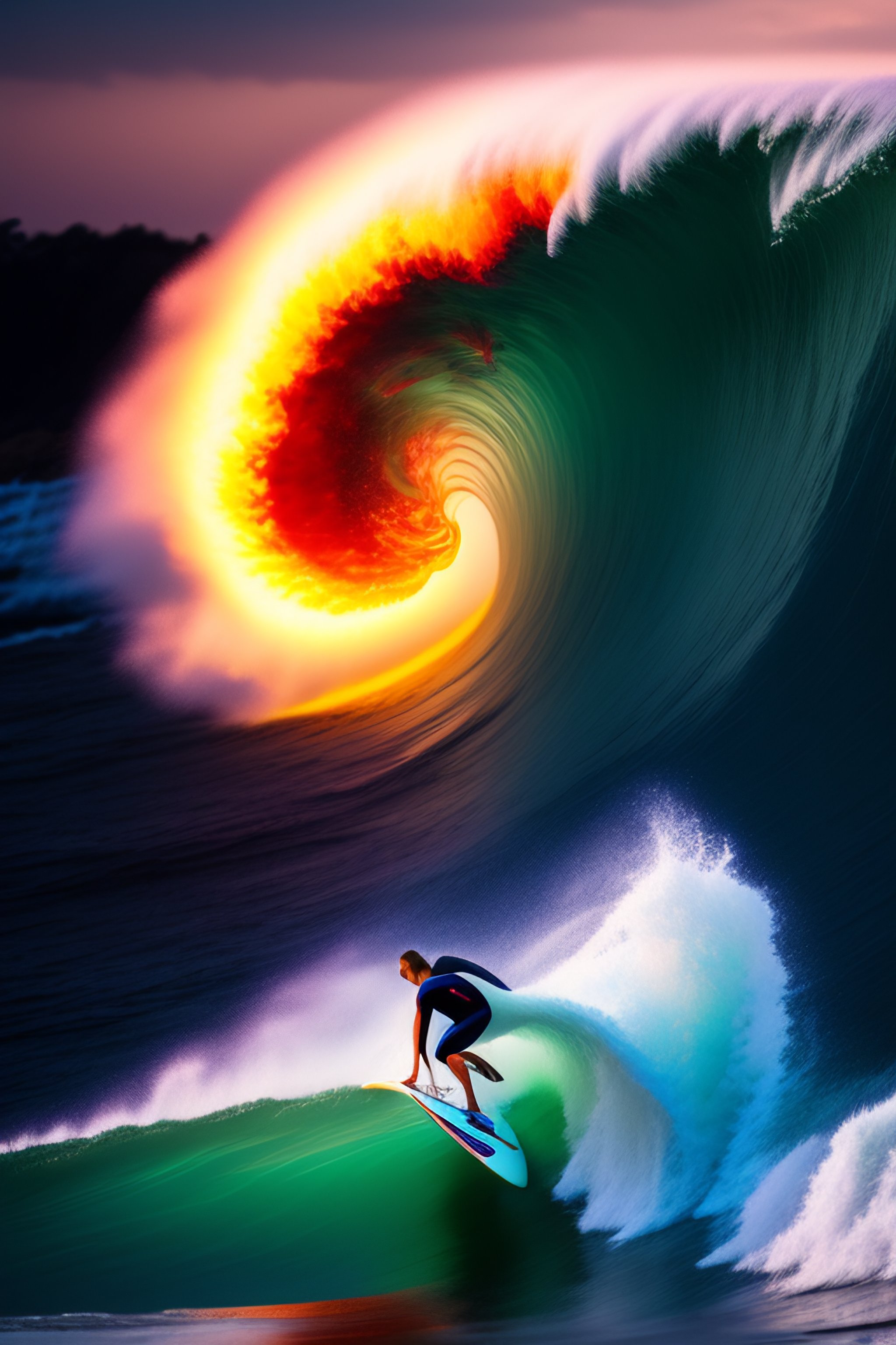 Lexica - A surfer with waves of fire and water and flowers