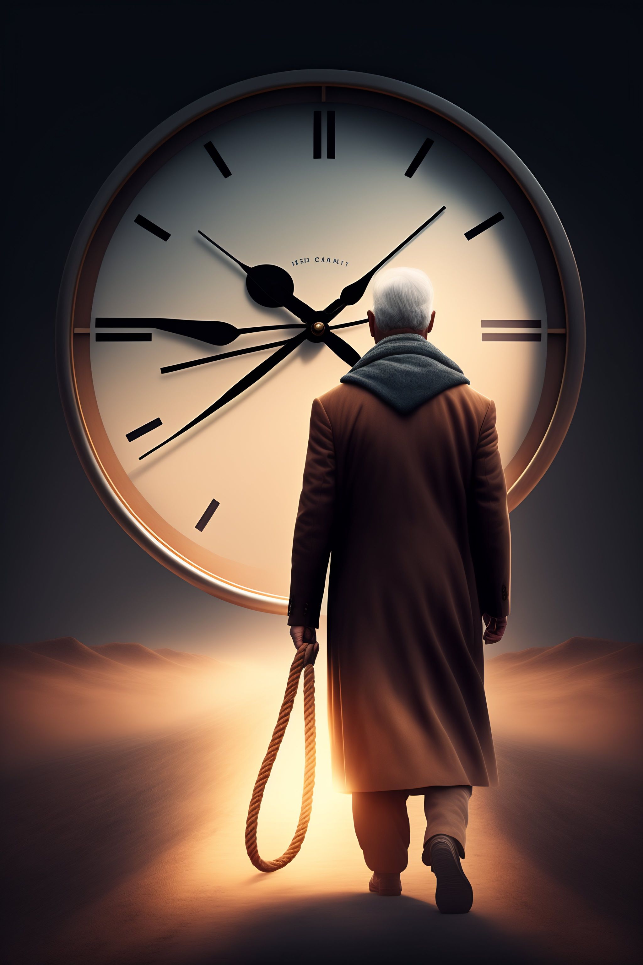 Lexica - Old man holding a big wall clock with rope tied around hid ...