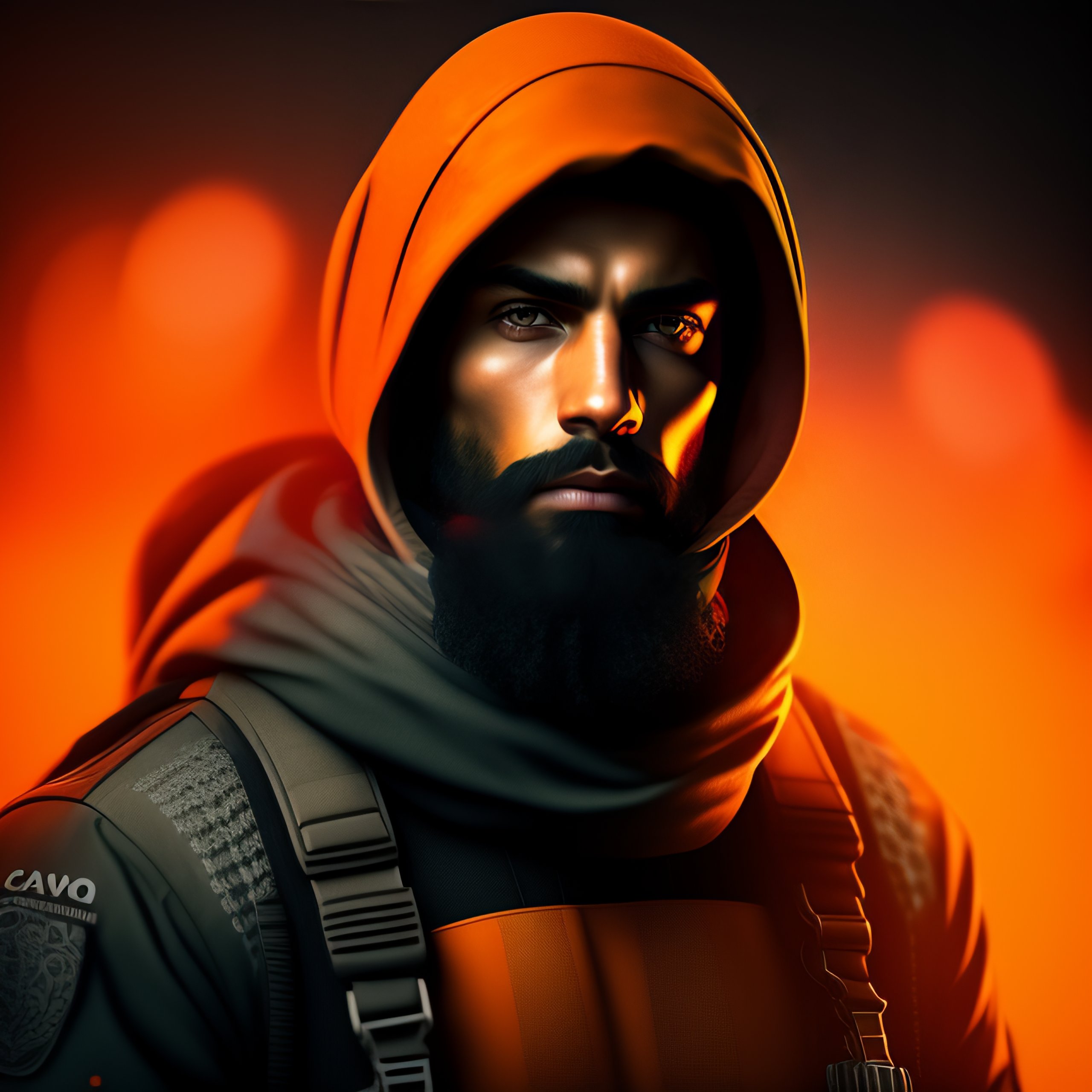 Lexica - CS-GO terrorist man, with bandana, tattoo in the body, hollographic orange details ...