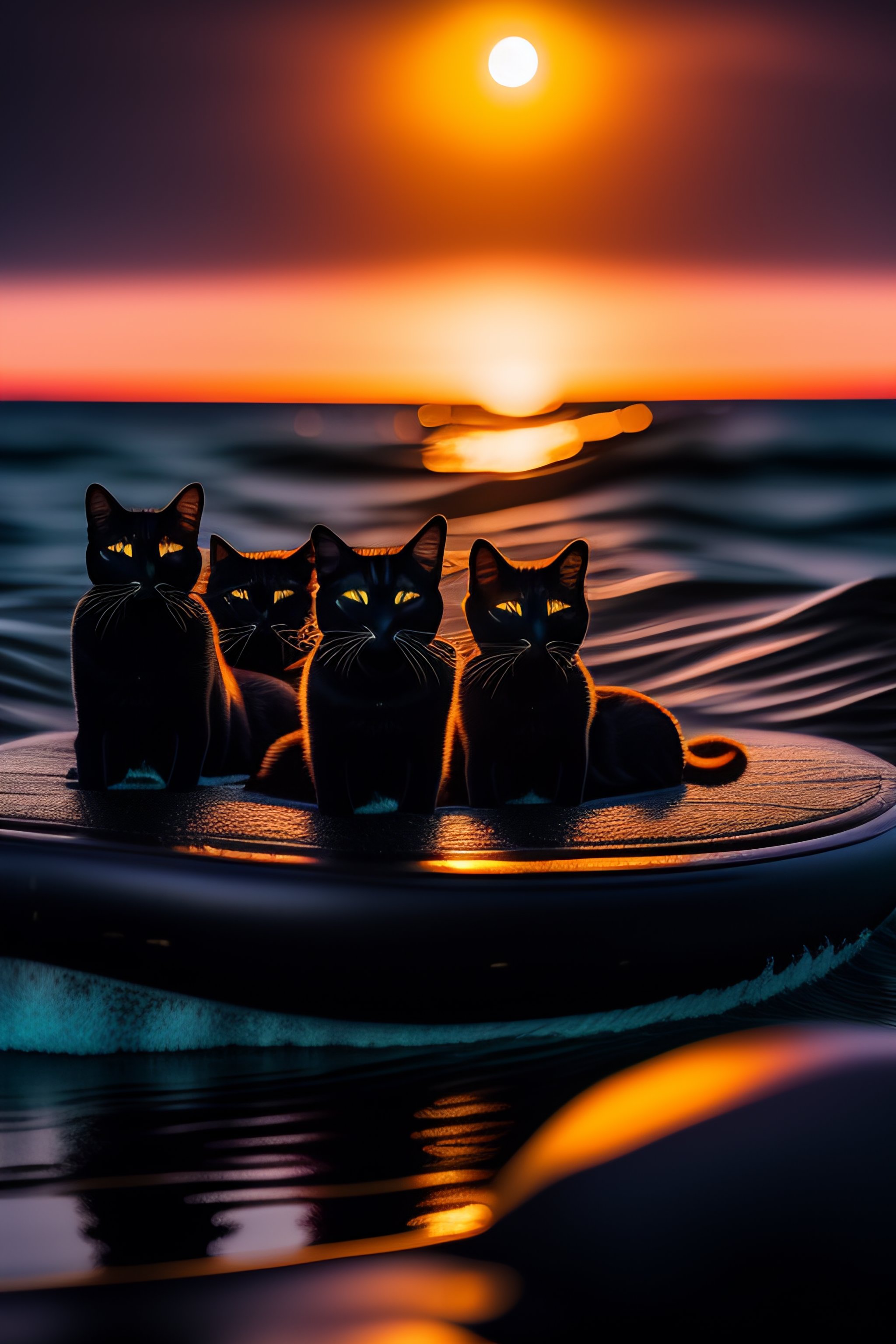 Lexica - A bunch of black cats hanging on a wooden raft in the middle ...