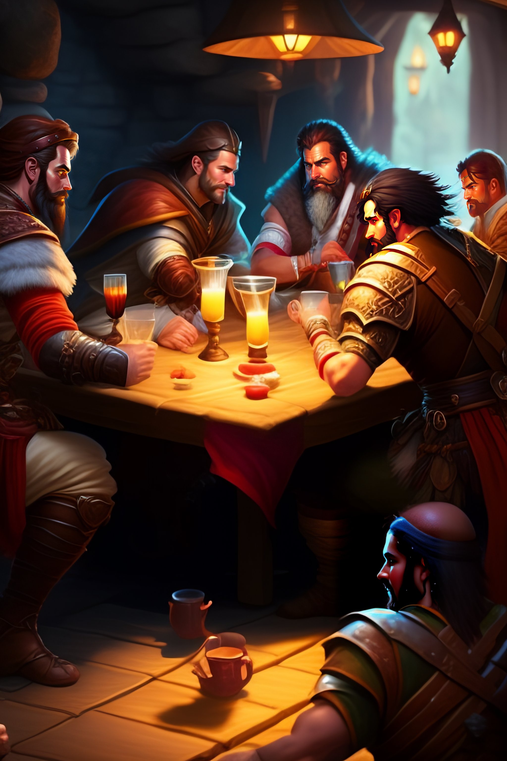 Lexica - Group of adventures around a table at an inn, warrior, wizard ...