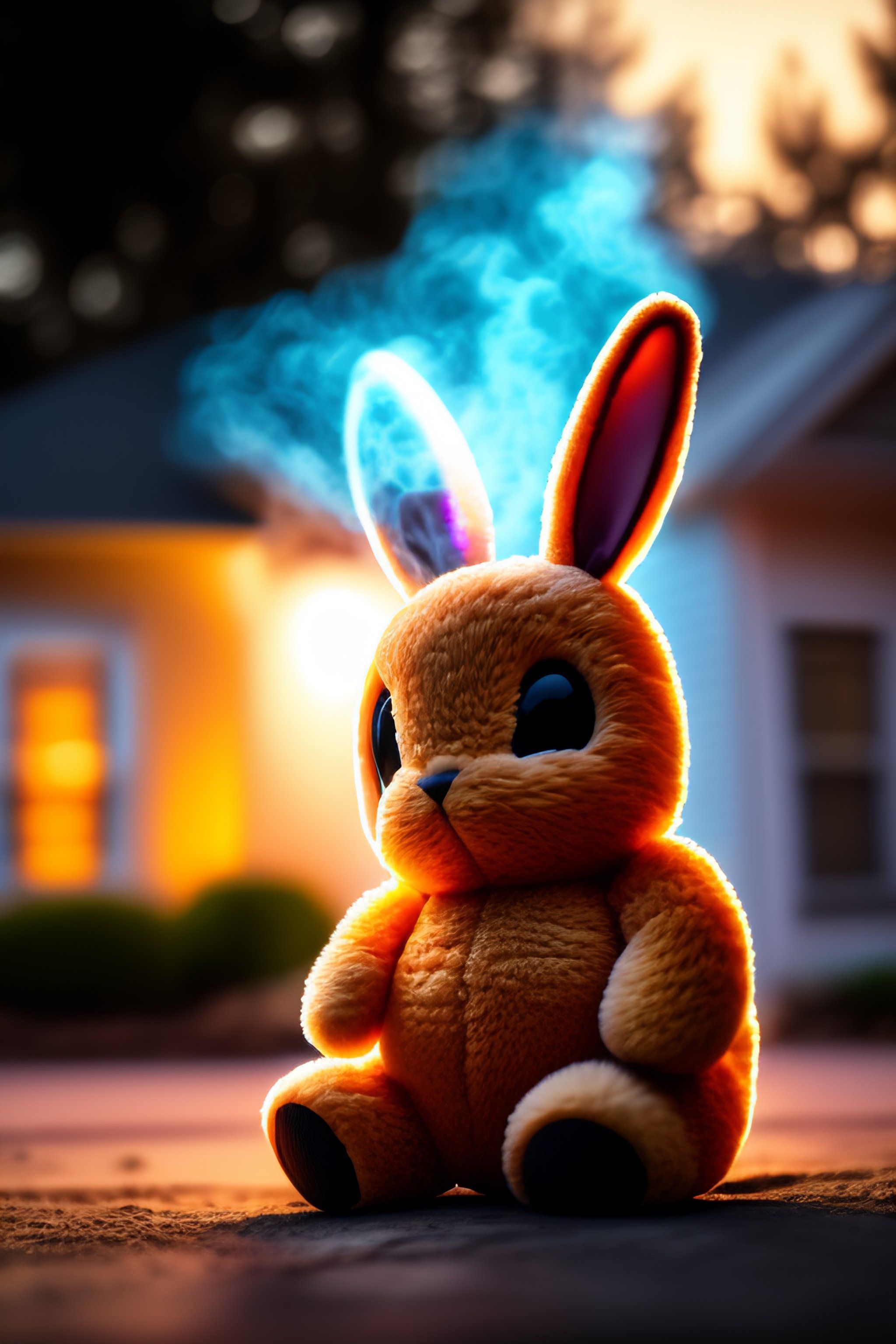 Lexica - Burning bunny robot working on a tablet and sitting in the ...