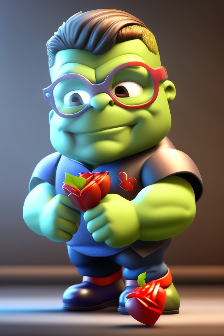Lexica - An emotional little Hulk figure holding a rose, 3d, HD,