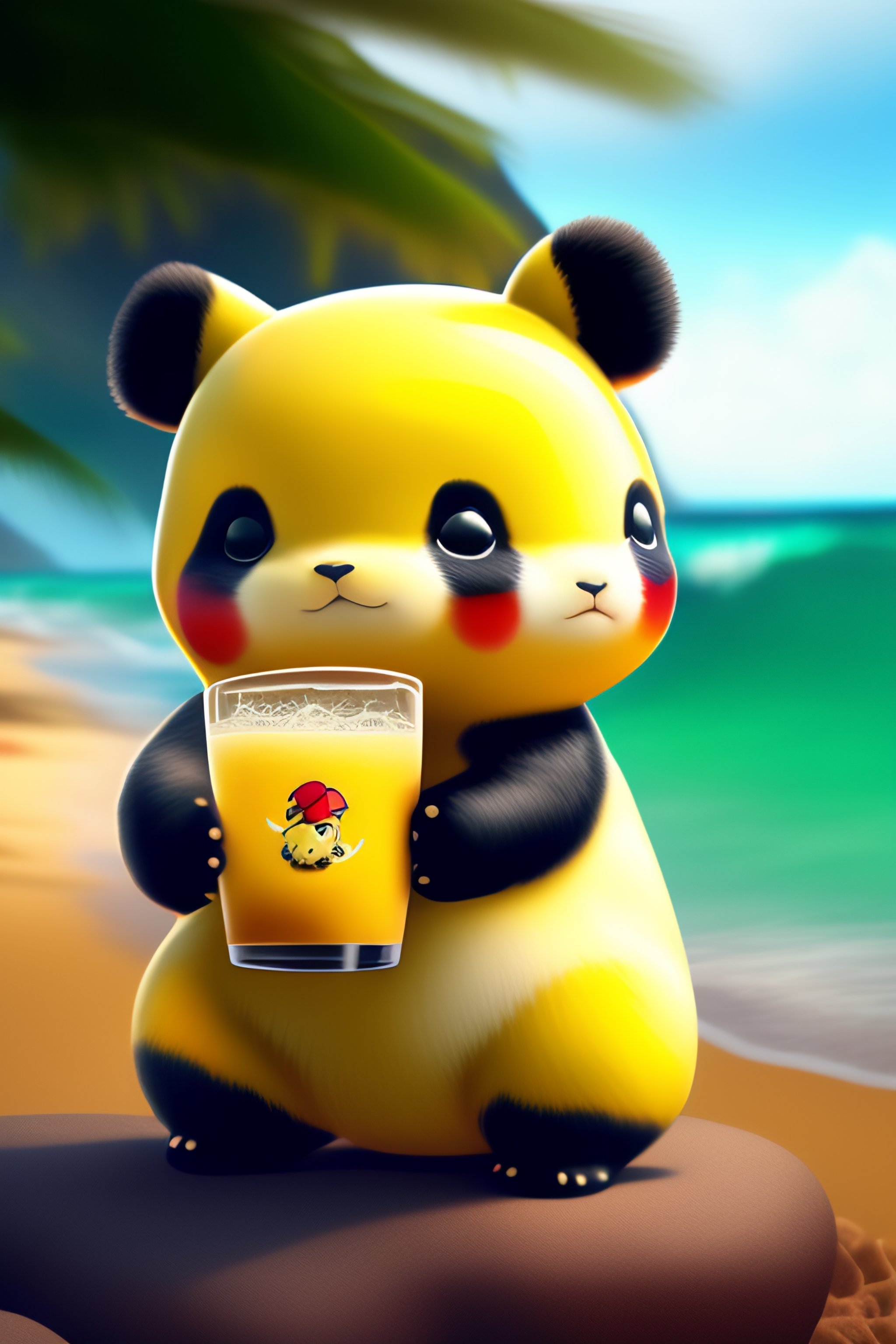 Lexica - Pikachu drinking bubble tea with a cute giant panda on a beach ...