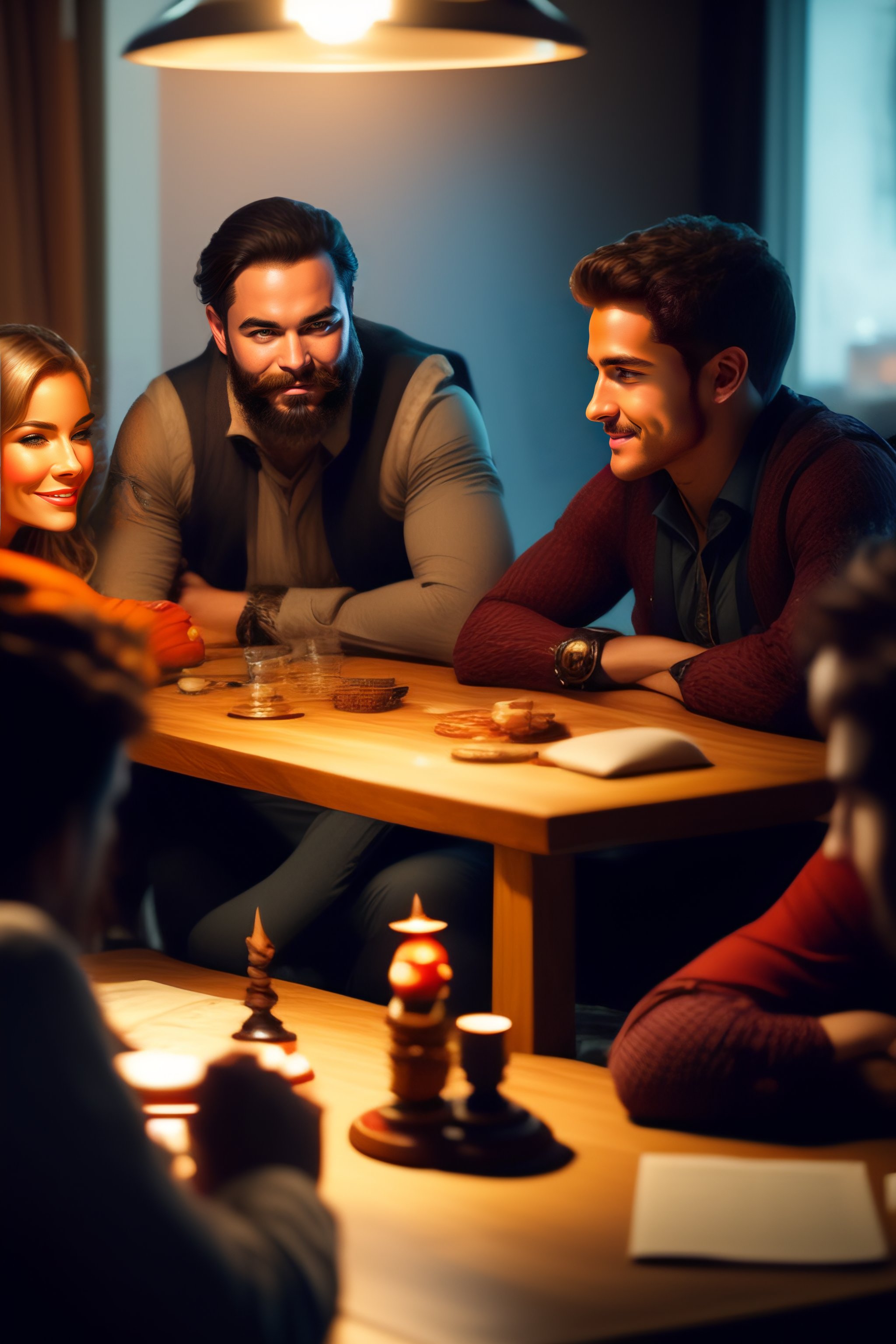 Lexica - Group of friends around a table playing D&D, getting ready for ...