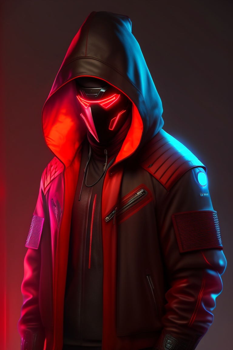 Lexica - Male character, hooded, cyberpunk, red neon, mask, dark, red ...