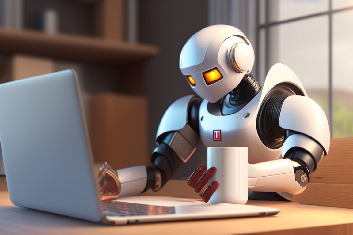 Lexica - A sleek humanoid robot typing on a laptop, sitting at a wooden ...