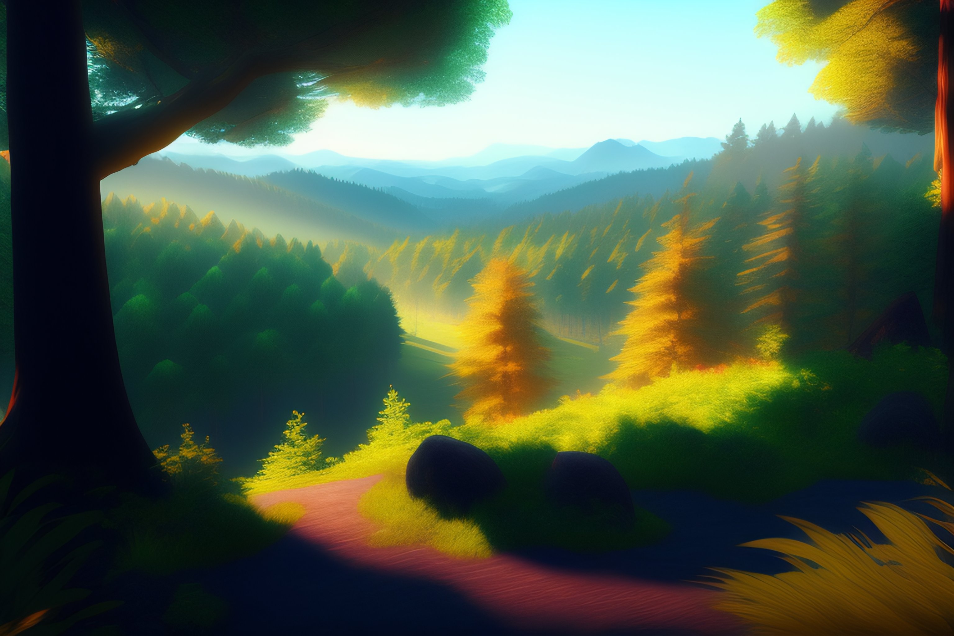 Lexica - Overlooking a big forest with a lot of green trees style vivid ...