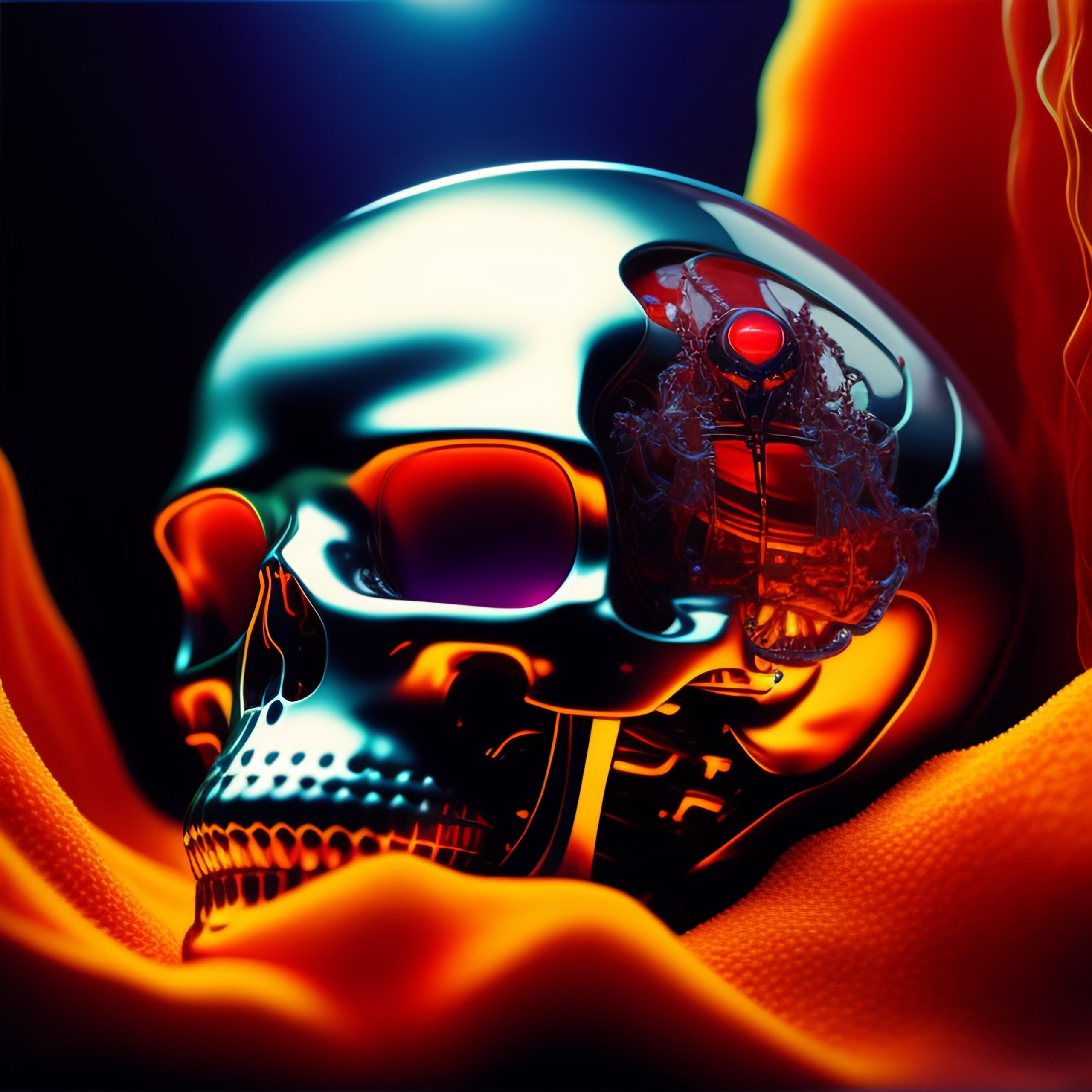 Lexica - Cyber chrome skeleton with glowing red eyes underwater, coming ...