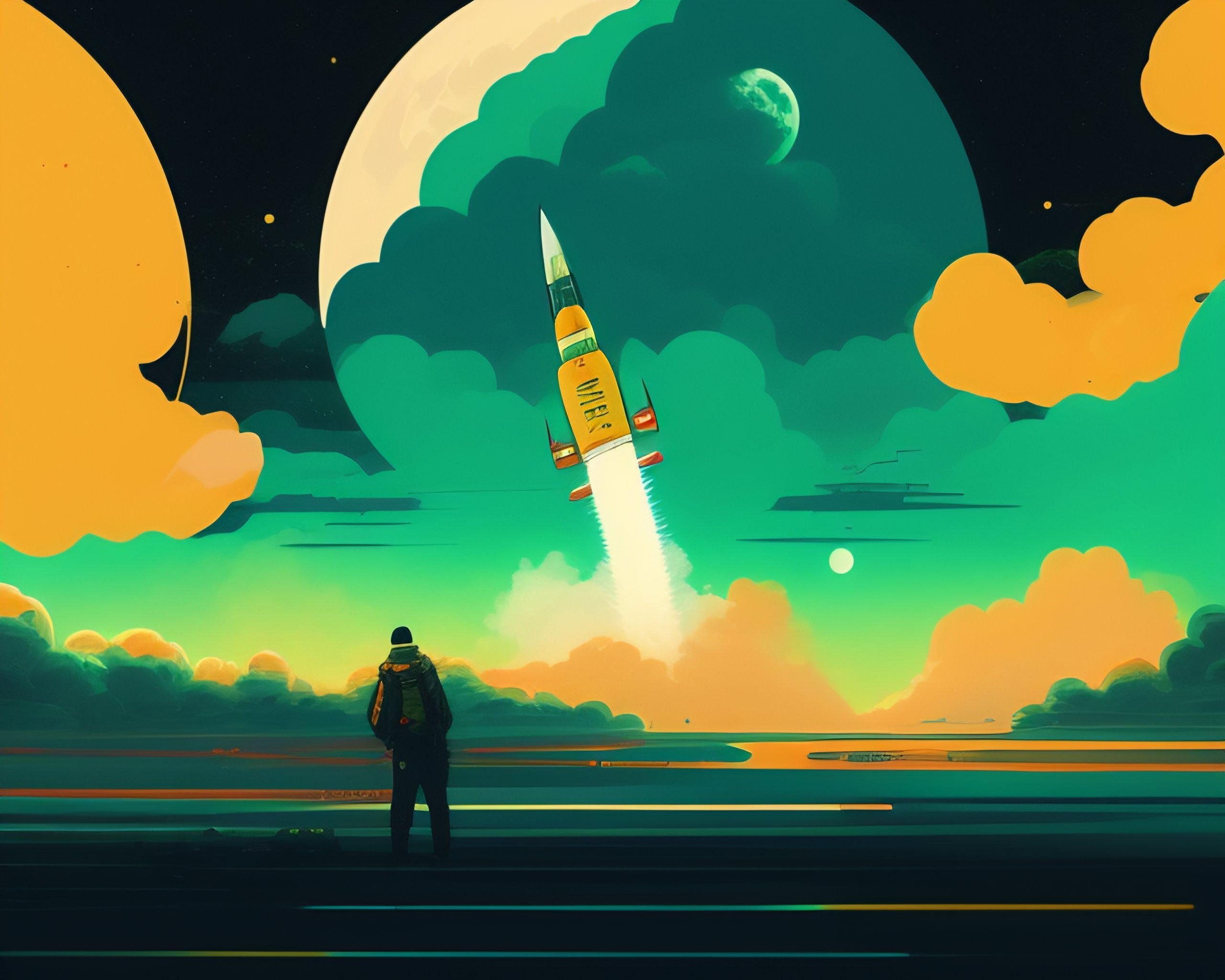 Lexica - Rocket flying through the clouds into space, moon, style of laurie greasley, james ...