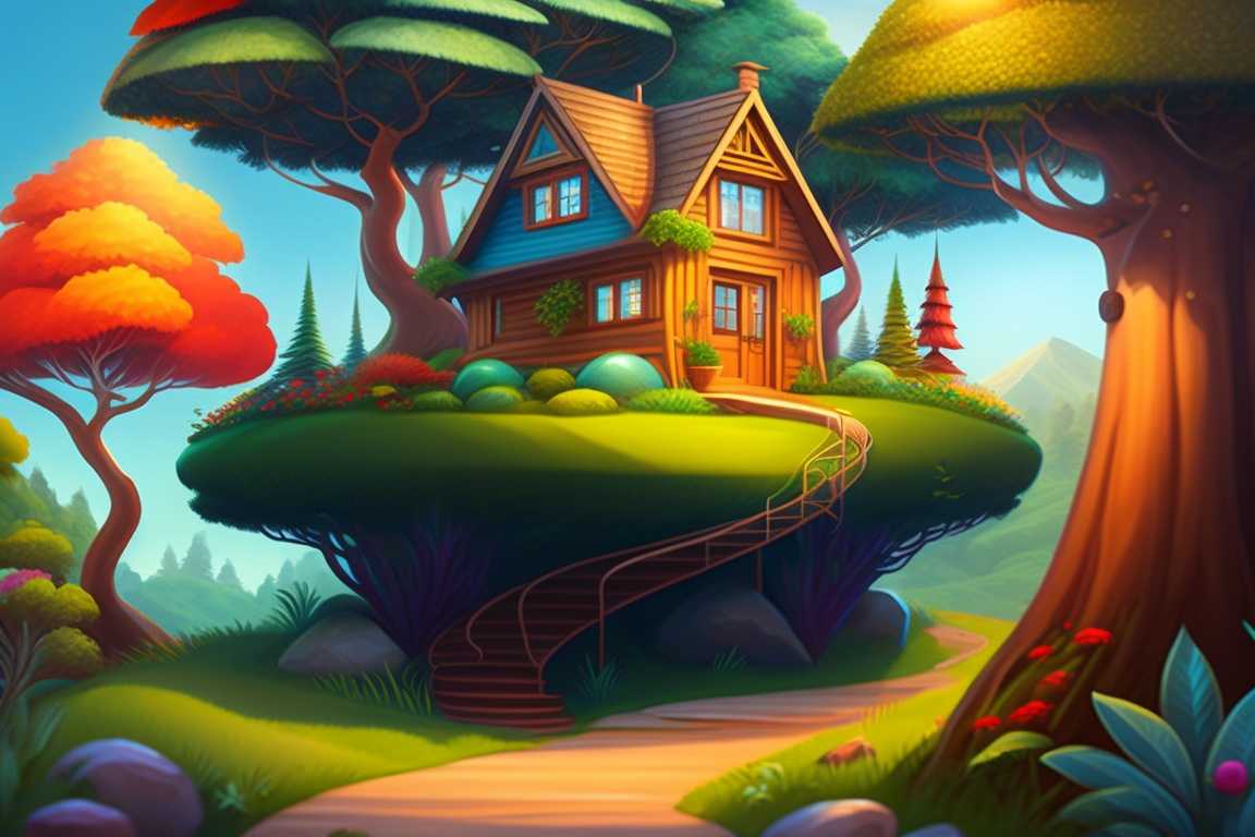 Lexica - Treetop house located in a forest, vivid cartoon image