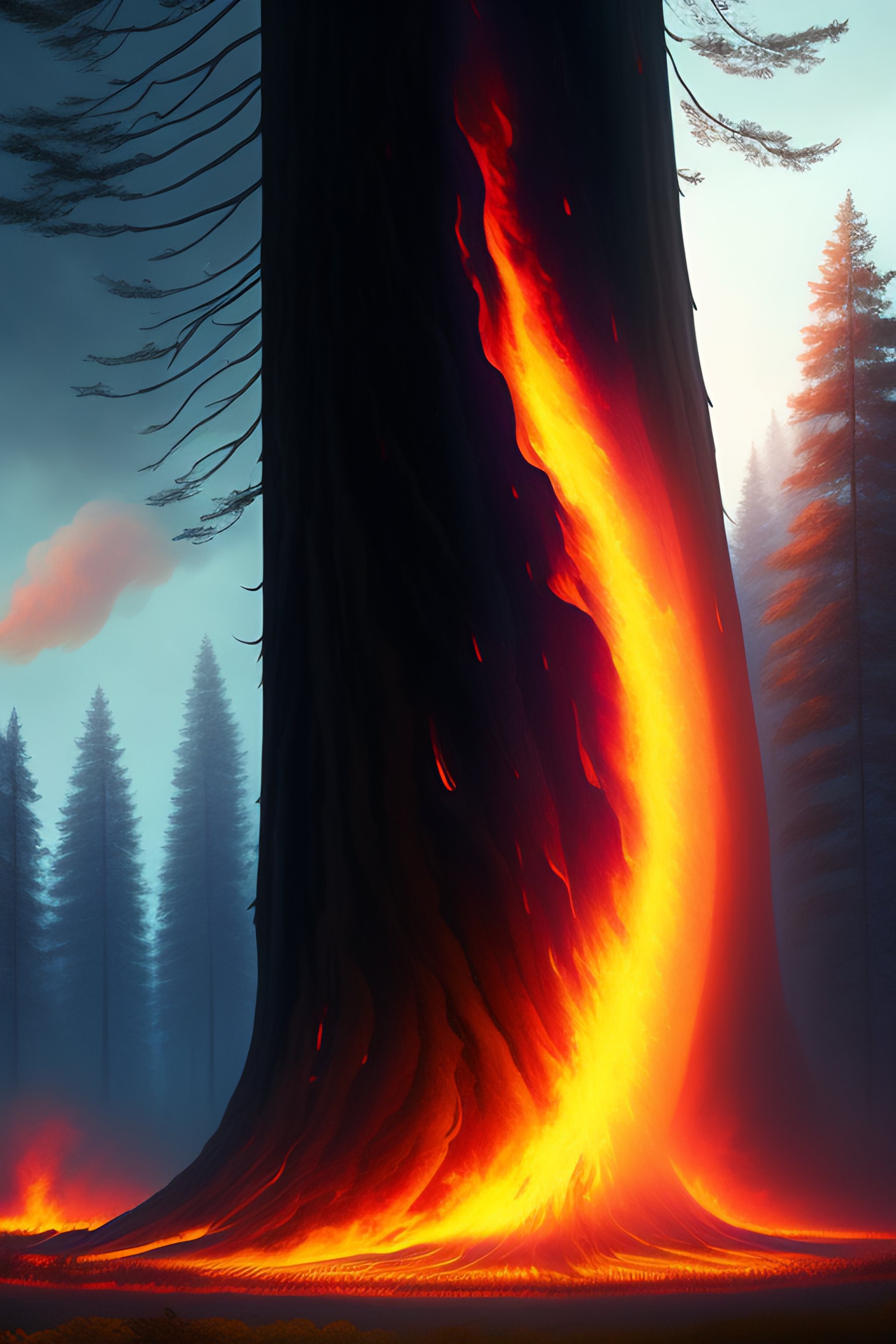 Lexica - Giant redwood on fire, concept art, highly detailed, cosmic horror