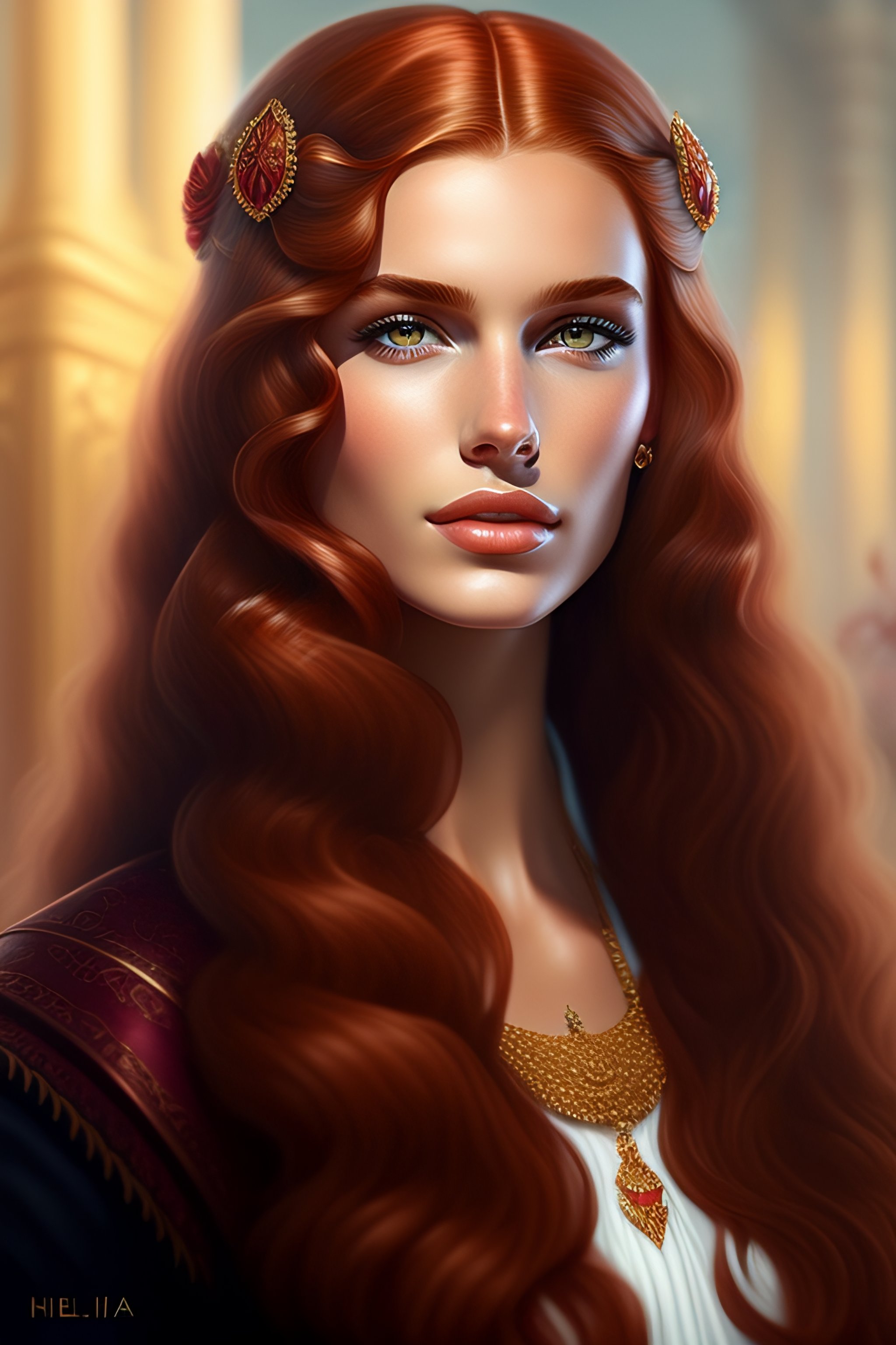 Lexica - Young queen with marsala hair in a braid, bust, realistic art ...