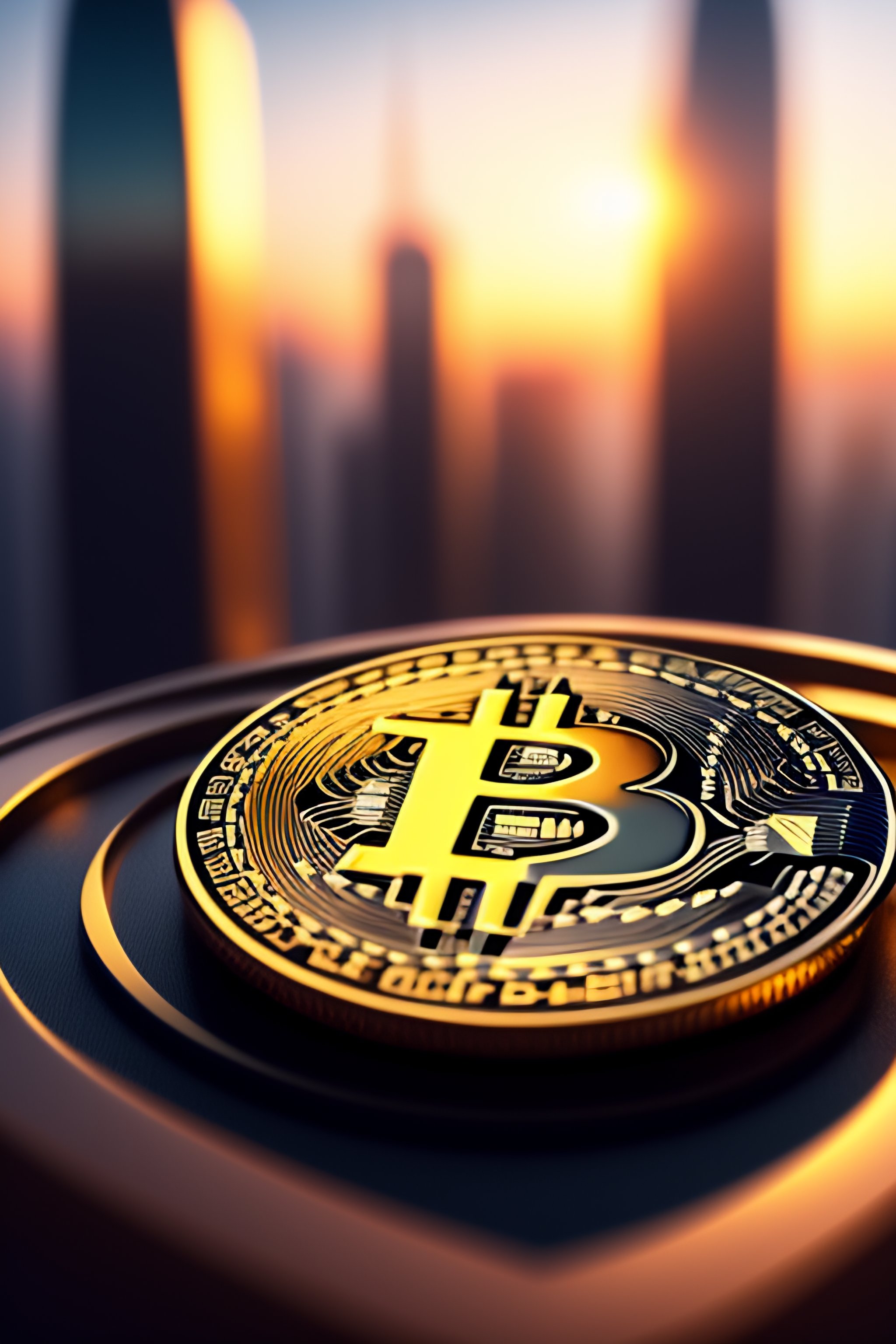 Lexica - The Bitcoin symbol rising in the center of a futuristic city