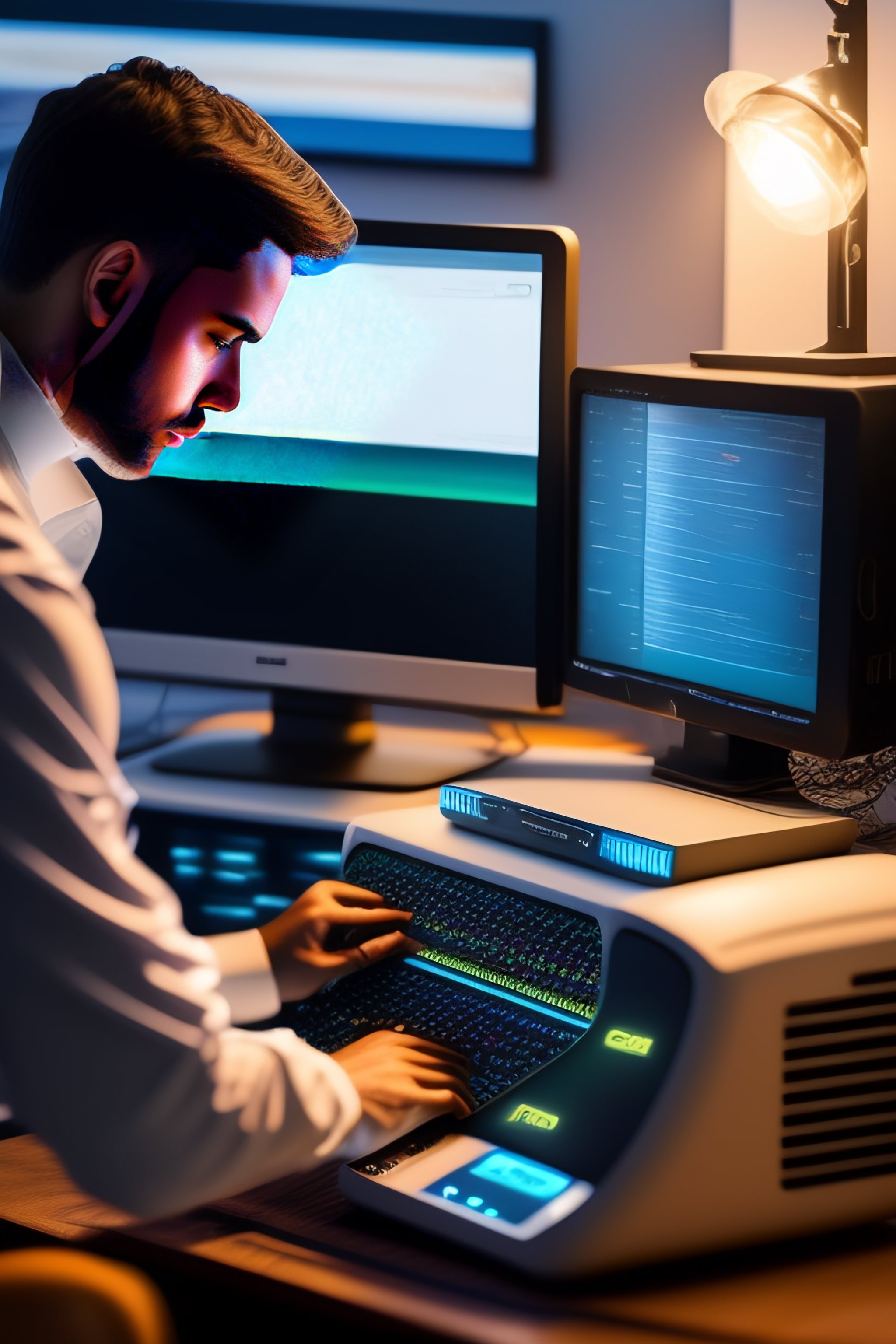 Lexica - Photo of a caucasian computer engineer working on his desk