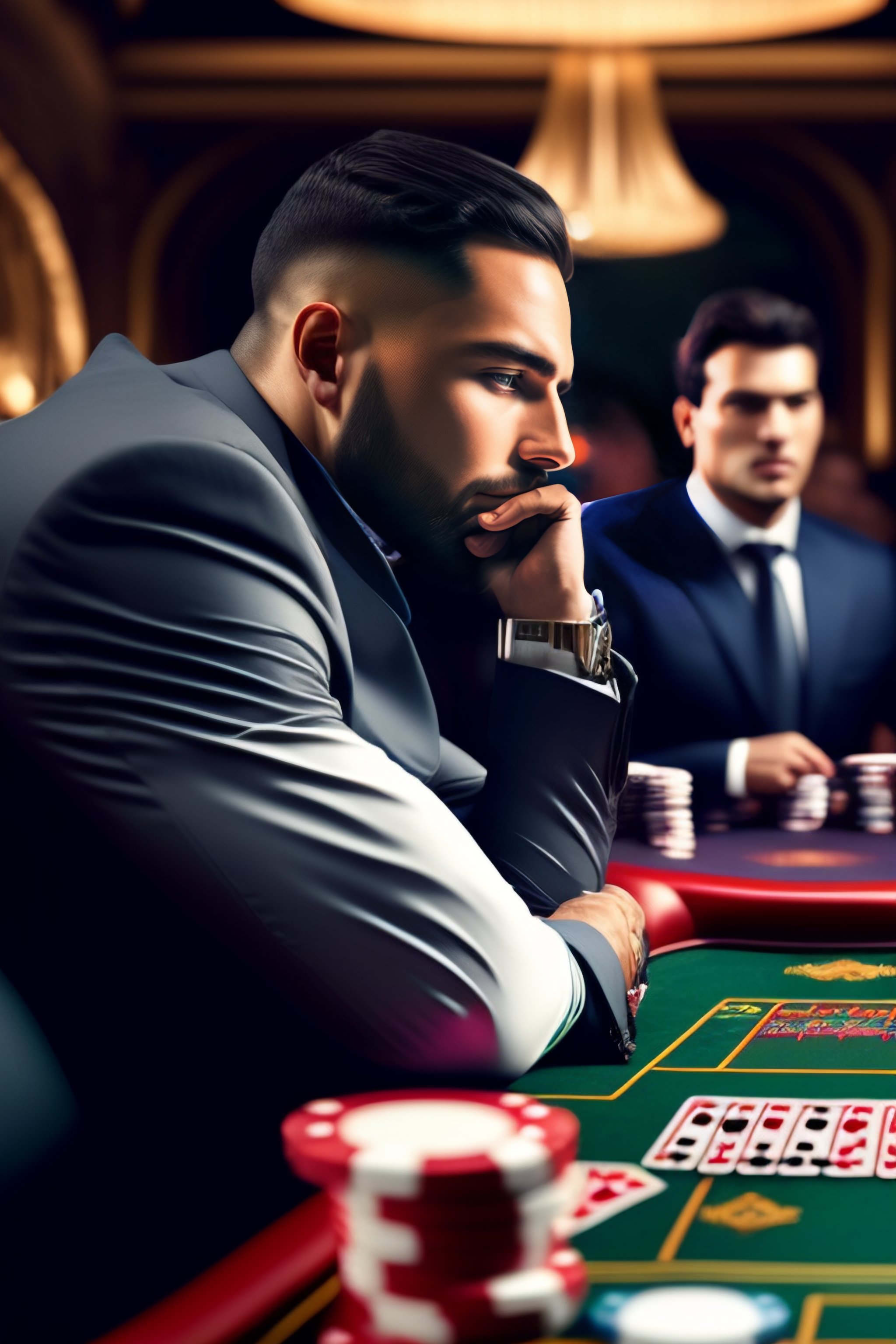 Lexica - Card dealer with half robot face At a poker table frontview ...