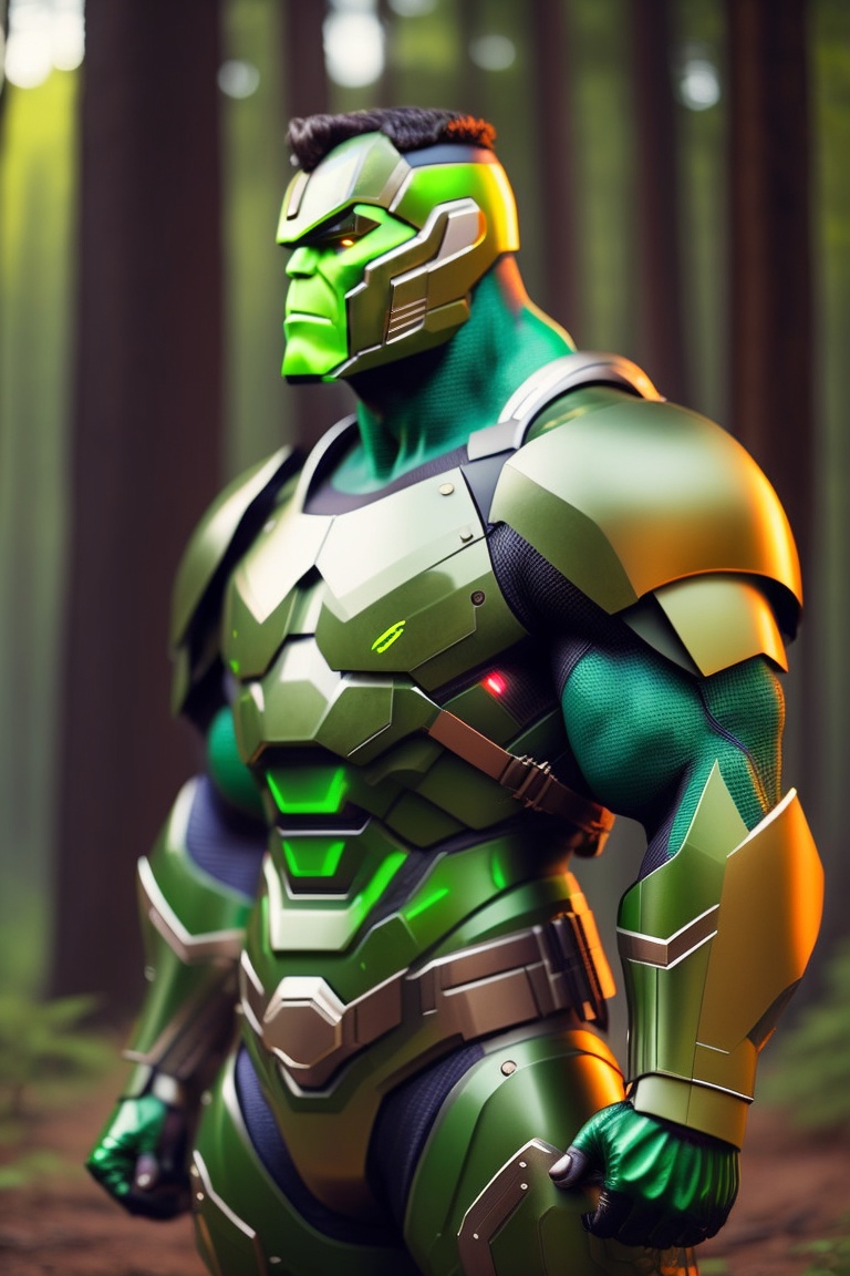 Lexica - Hulk wearing a futuristic armor::2.5 standing in a forest ...