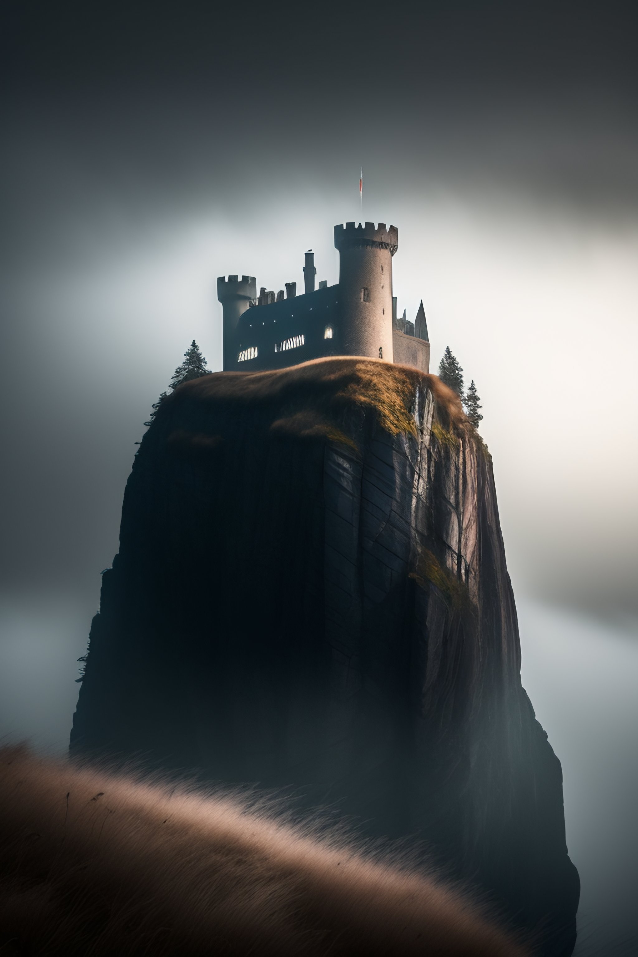 Lexica - A dark crumbling castle on a hill in a foggy bog